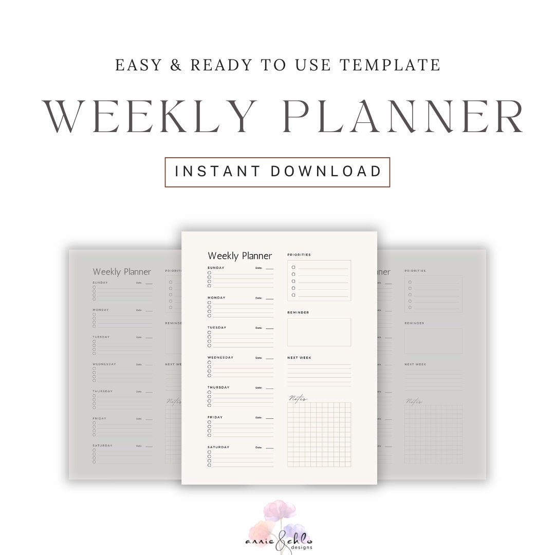 Clean Weekly Planner Printable, Minimalist Weekly Organizer With ...
