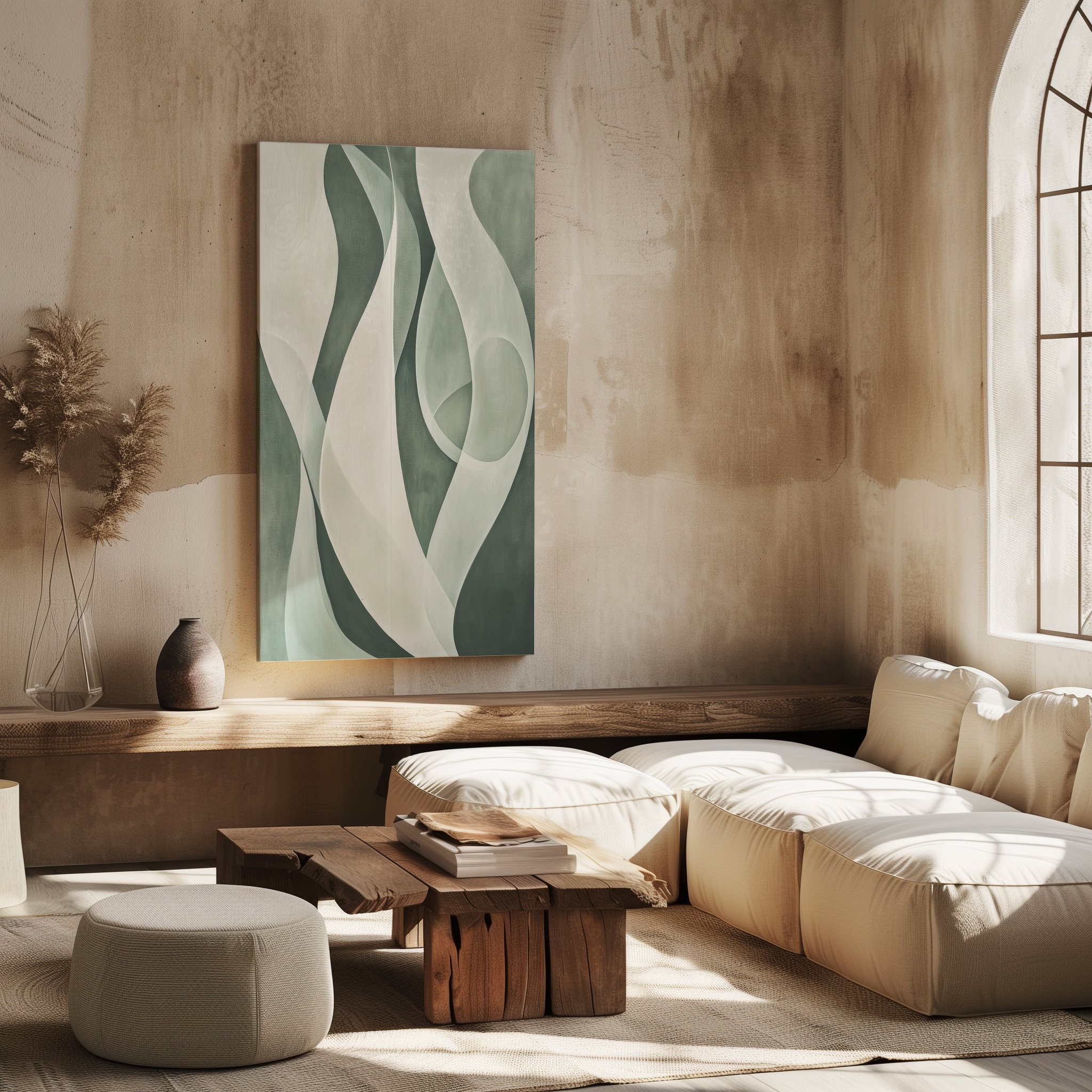 Printable High-quality Sage Green Abstract Waves Painting Digital ...