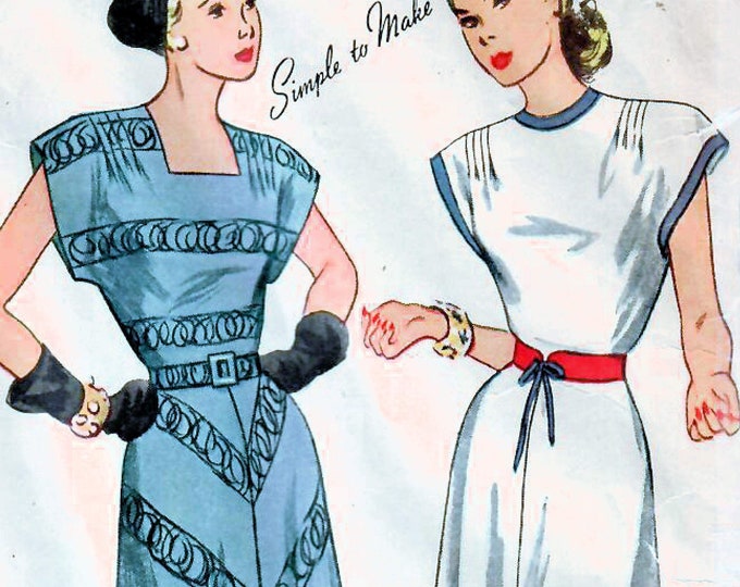 1940s Simplicity 1696 Vintage Sewing Pattern One Piece Dress, Flared ...
