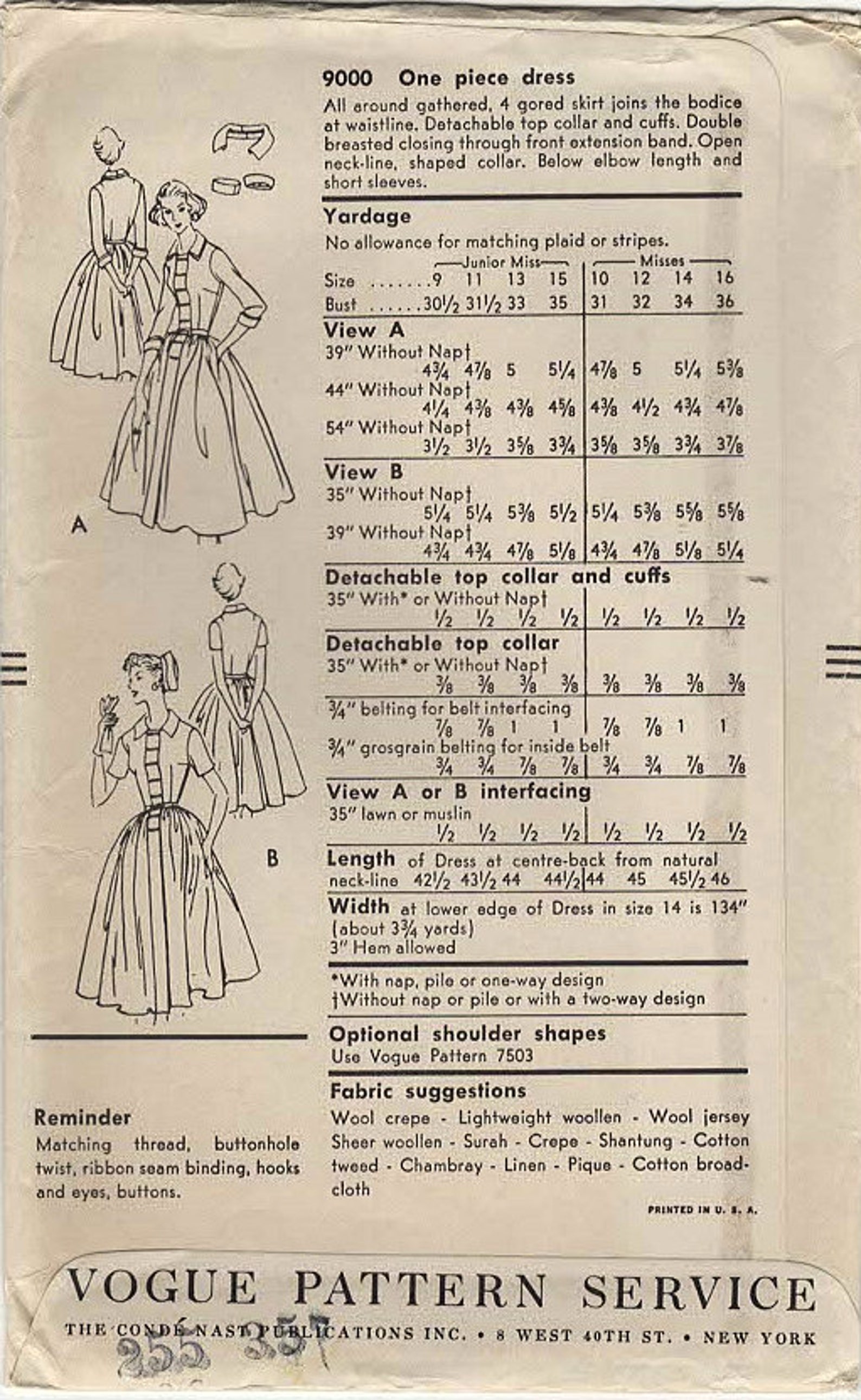 1950s Vogue 9000 FF Vintage Sewing Pattern Junior Misses Full Skirt ...