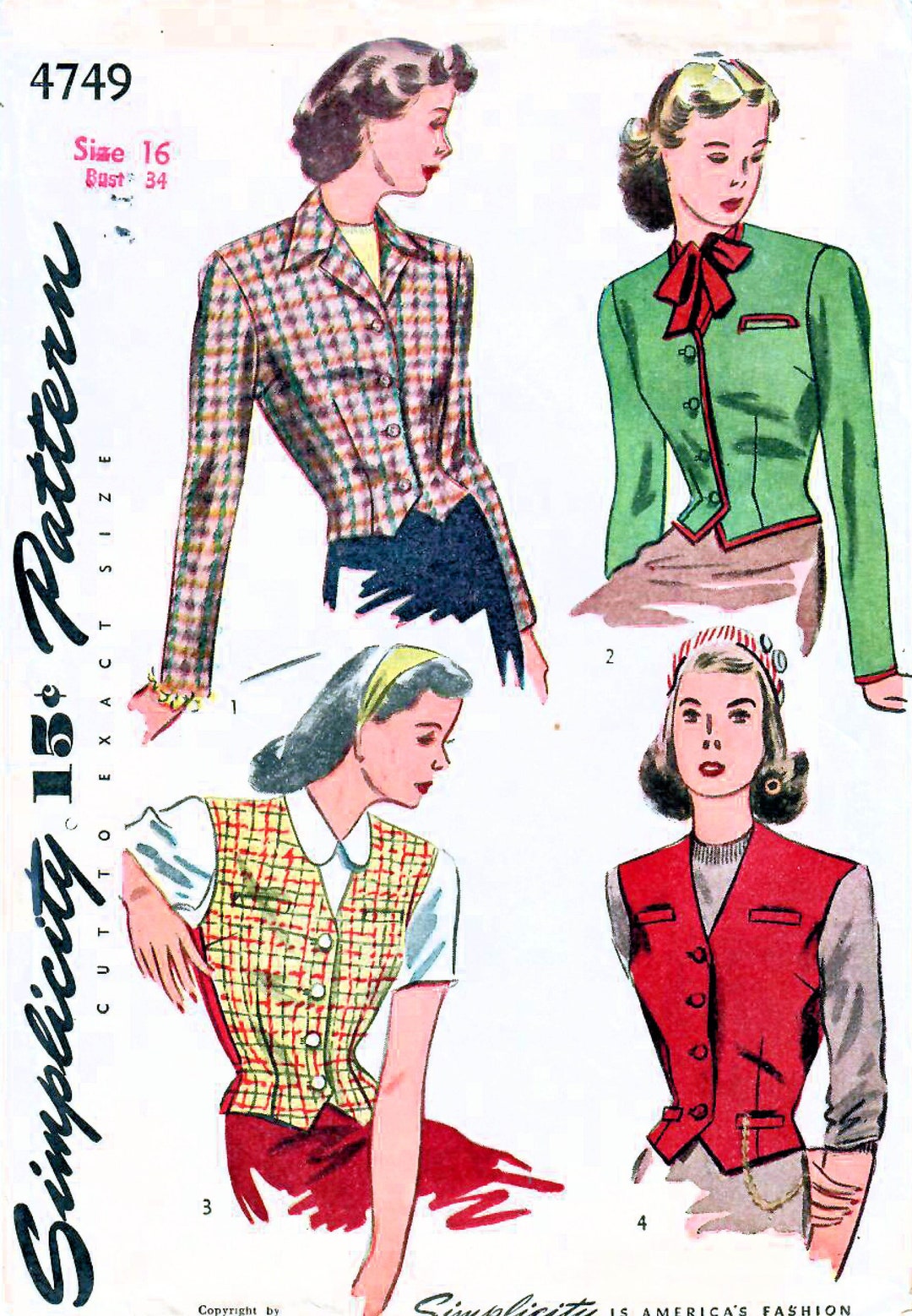 1940s Simplicity 4749 Vintage Sewing Pattern Misses Fitted Vest, Fitted ...