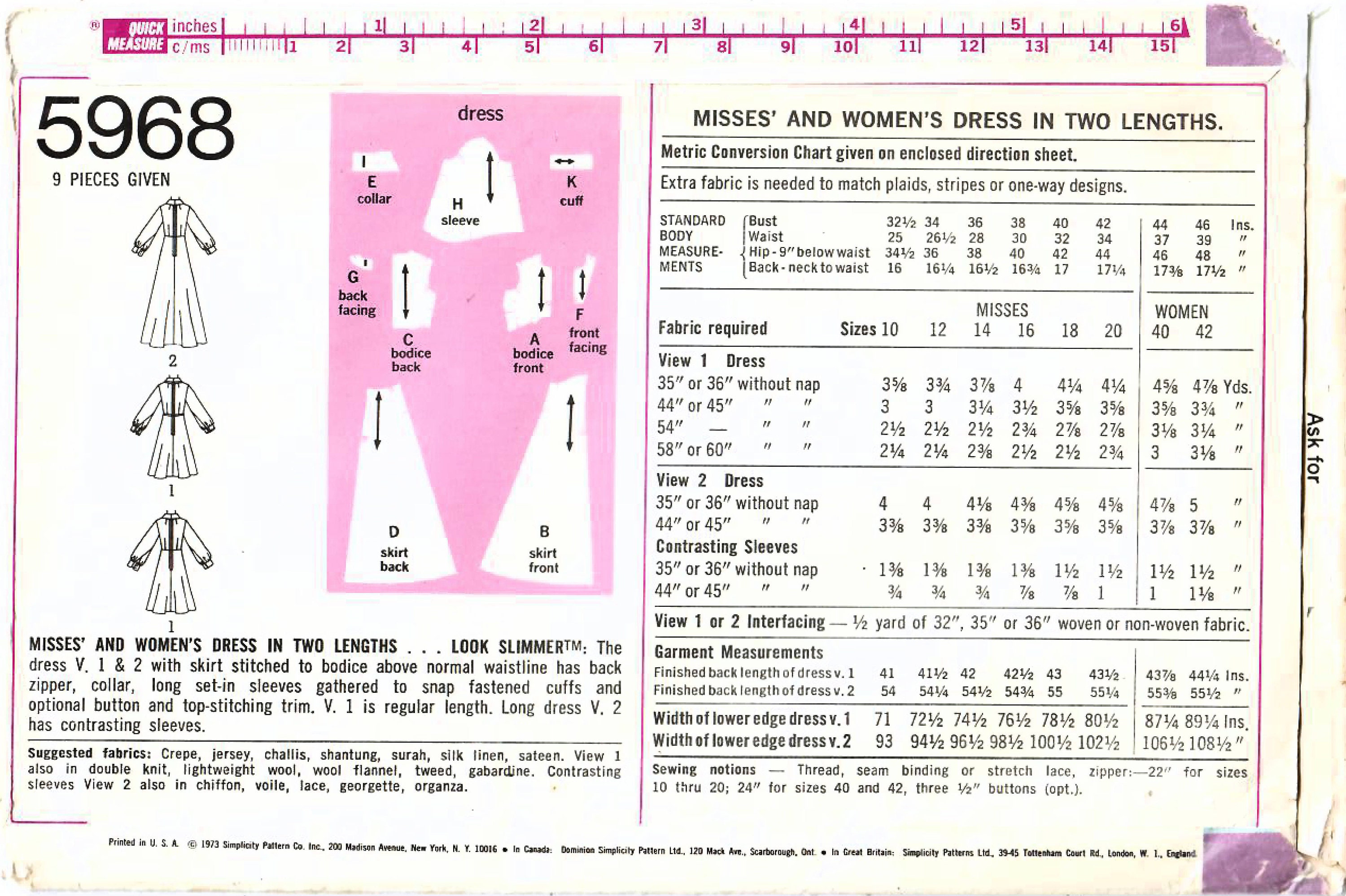 1970s Simplicity 5968 Vintage Sewing Pattern Misses Empire Waist Dress ...