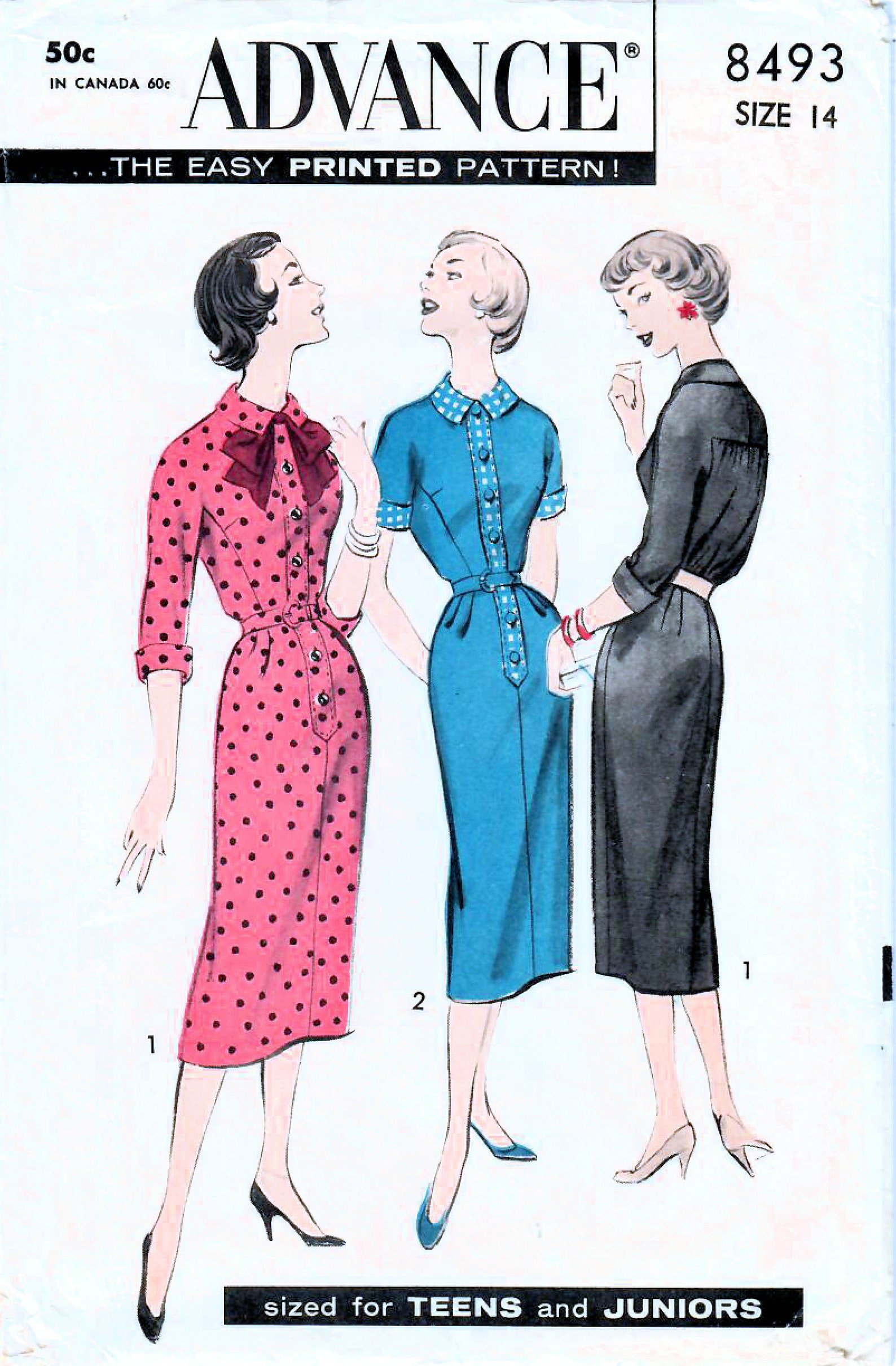 1950s Advance 8493 Vintage Sewing Pattern Slim Dress, Fitted Dress Teen ...