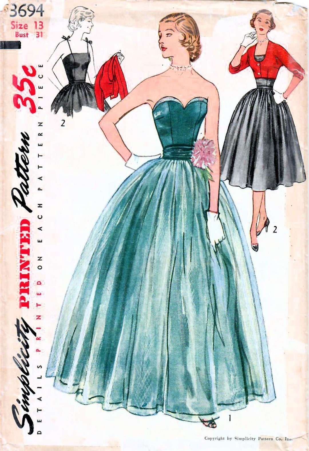 1950s Simplicity 3694 Vintage Sewing Pattern Formal Dress, Evening Gown ...
