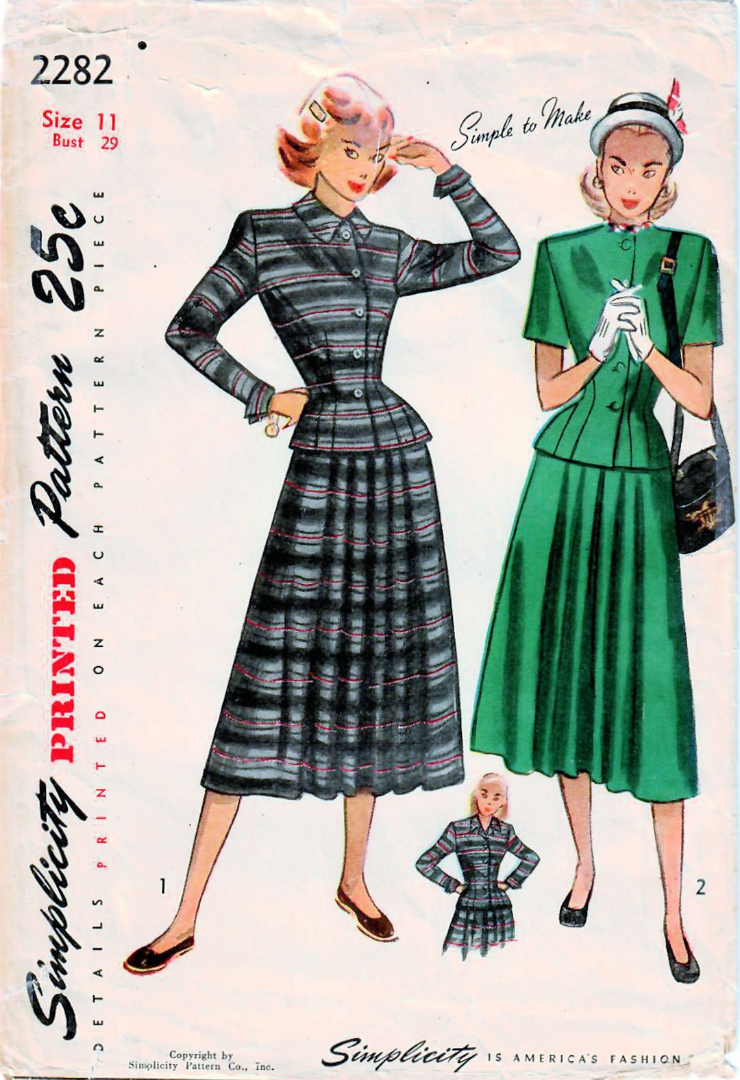1940s Simplicity 2282 UNCUT Vintage Sewing Pattern Junior Two Piece ...
