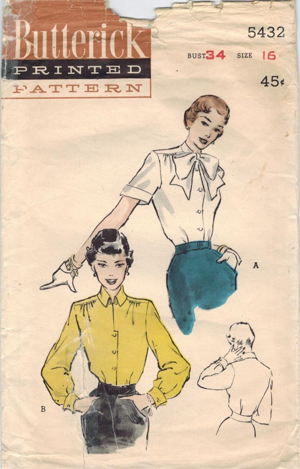 1950s Butterick 5432 Vintage Sewing Pattern Misses Blouse Bust | Etsy