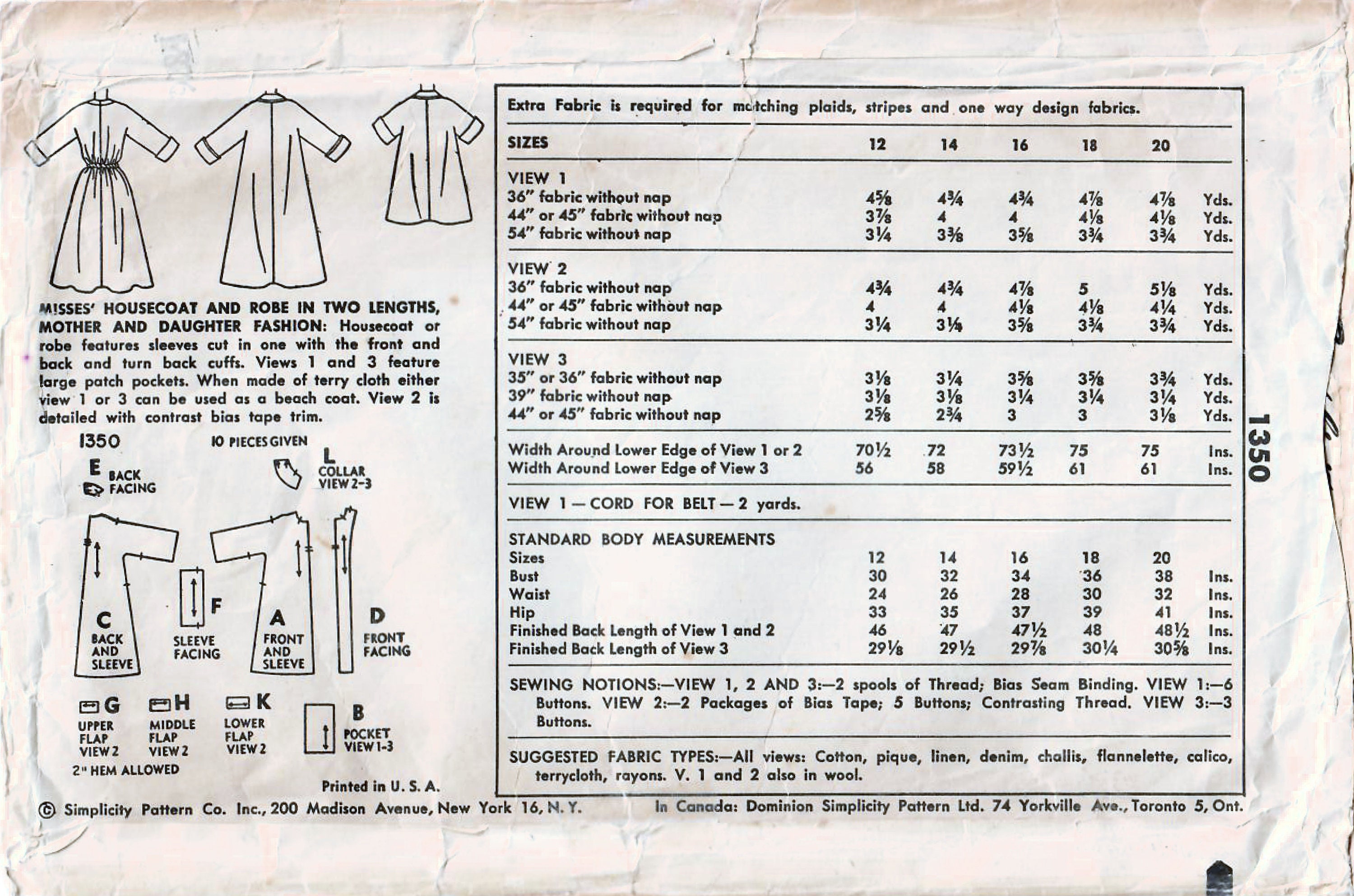 1950s Simplicity 1350 Vintage Sewing Pattern Misses Robe - Etsy