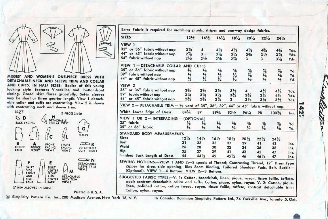 1950s Simplicity 1427 Vintage Sewing Pattern Misses' Half | Etsy