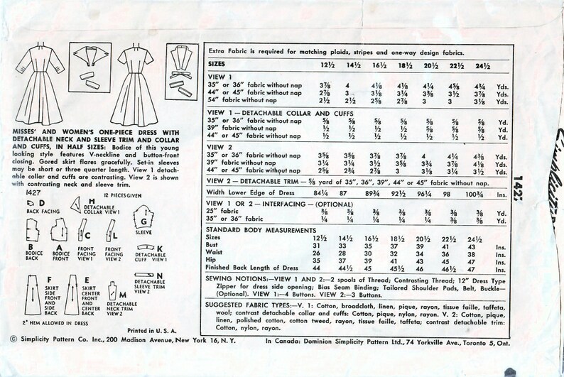 1950s Simplicity 1427 Vintage Sewing Pattern Misses' Half | Etsy