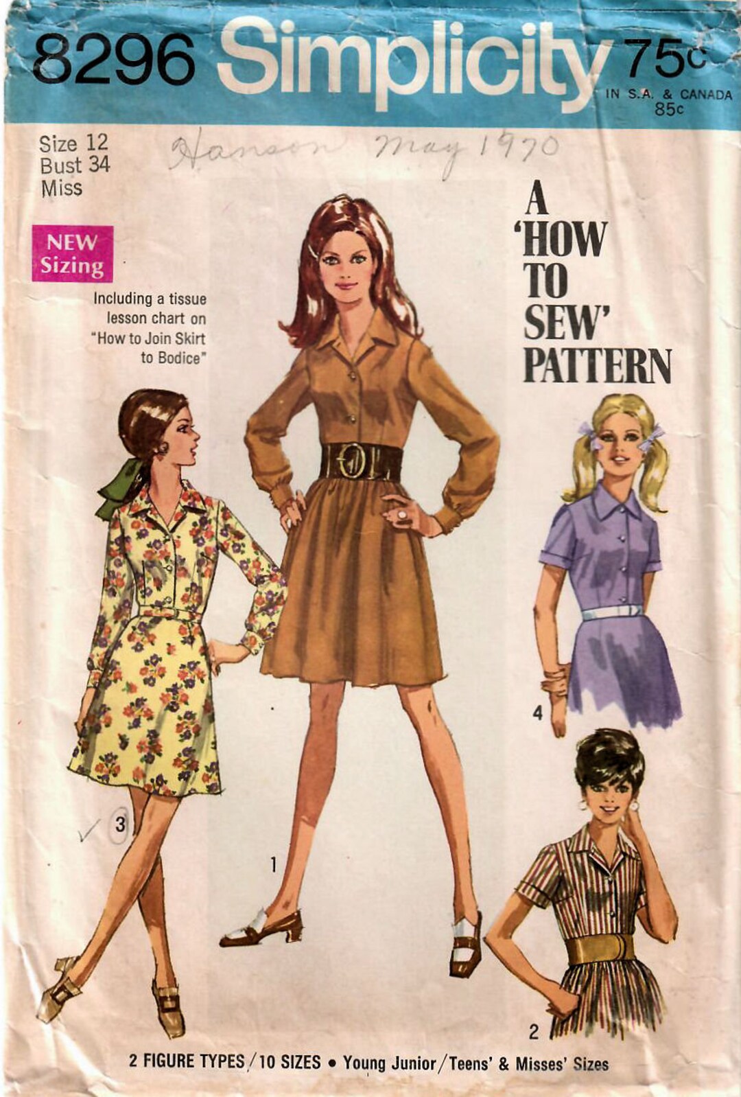 1960s Simplicity 8296 Vintage Sewing Pattern Misses One Piece Dress, Shirtwaist Dress, Full ...