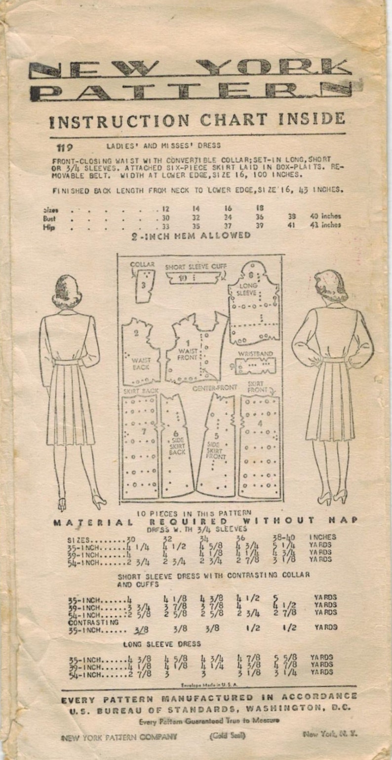 1940s New York 119 Vintage Sewing Pattern Misses Pleated - Etsy