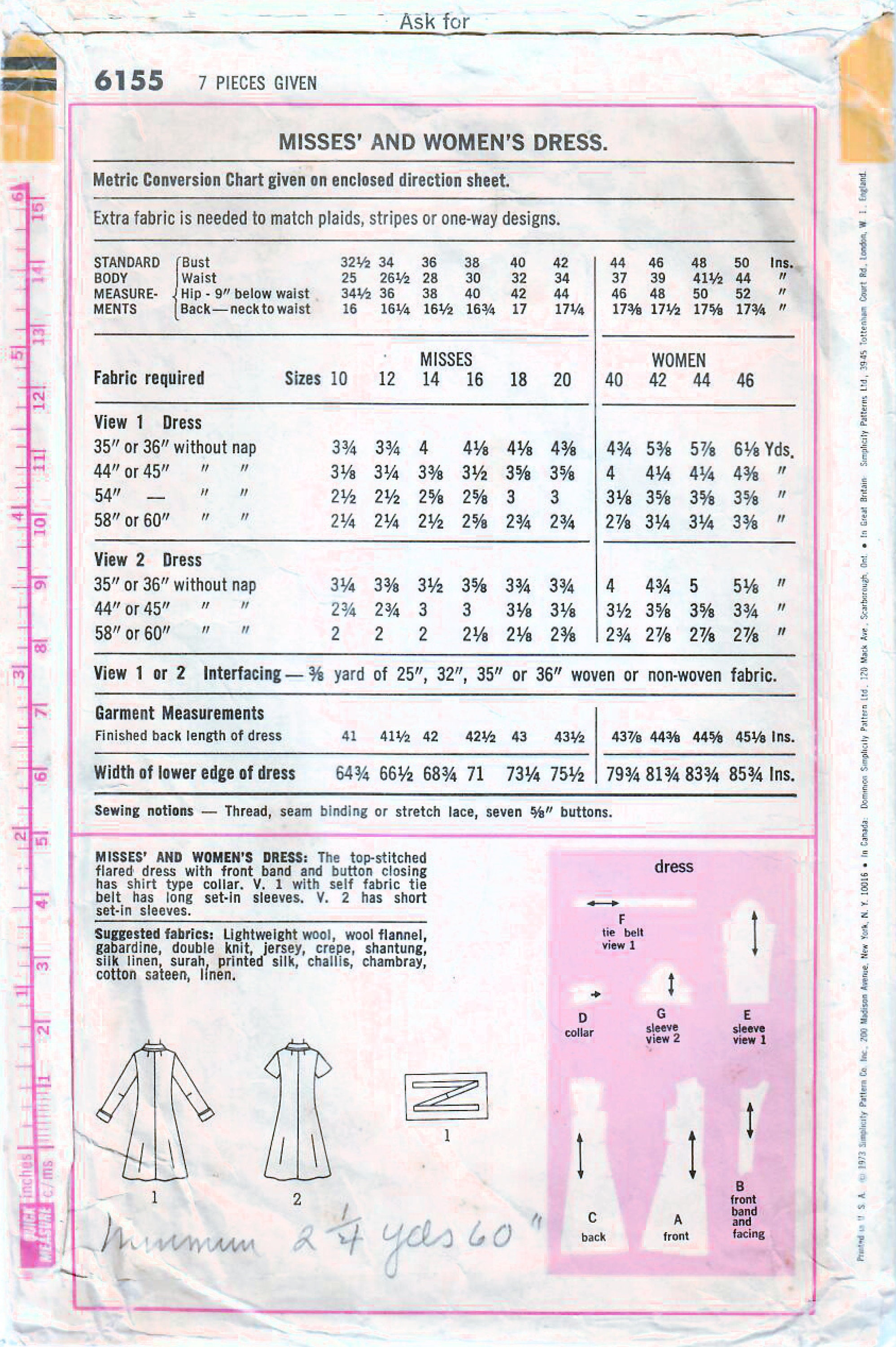 1970s Simplicity 6155 Vintage Sewing Pattern Misses Flared Dress ...