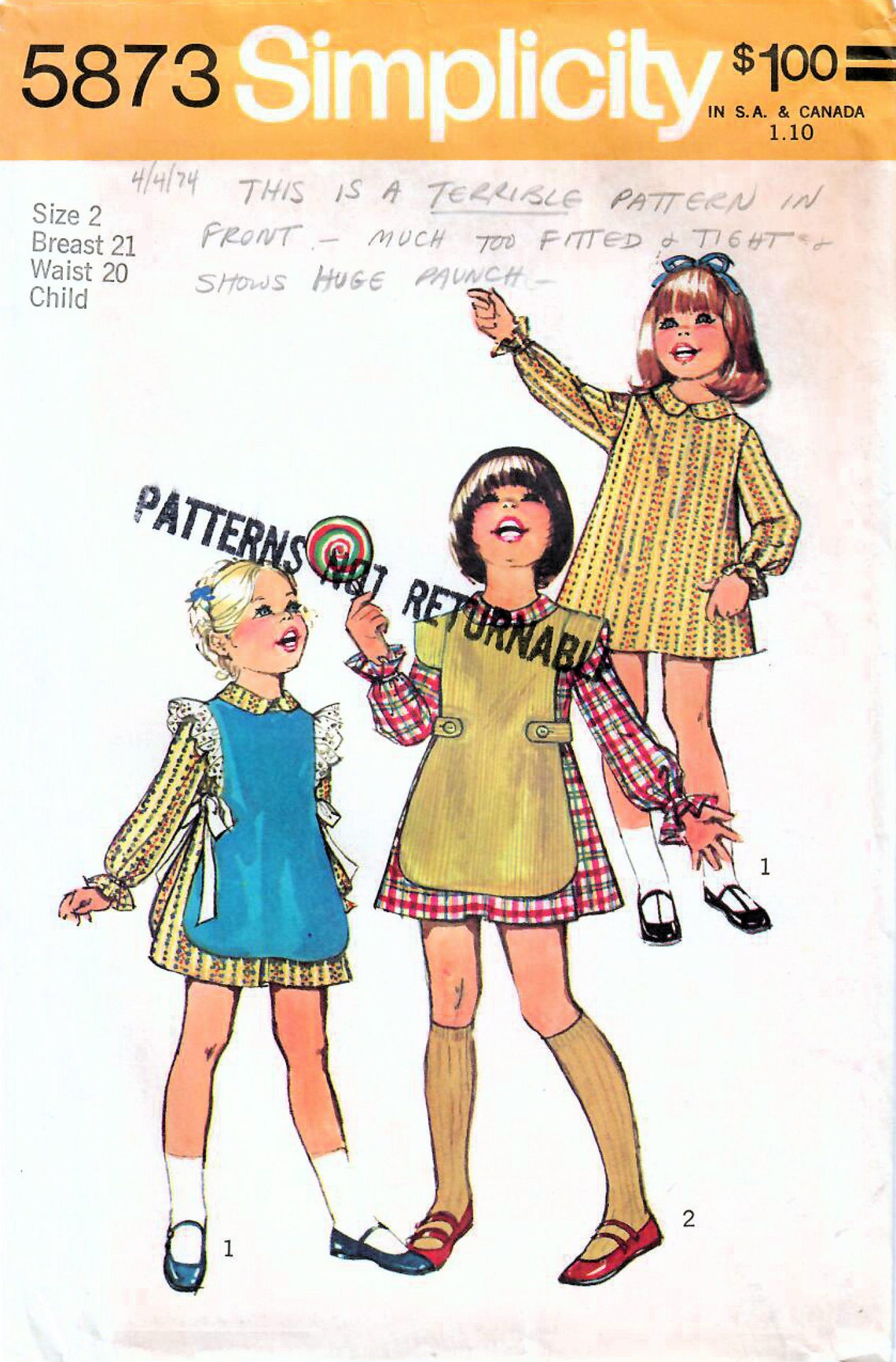 1970s Simplicity 5873 Vintage Sewing Pattern Girls Dress, Apron Size 2 ...