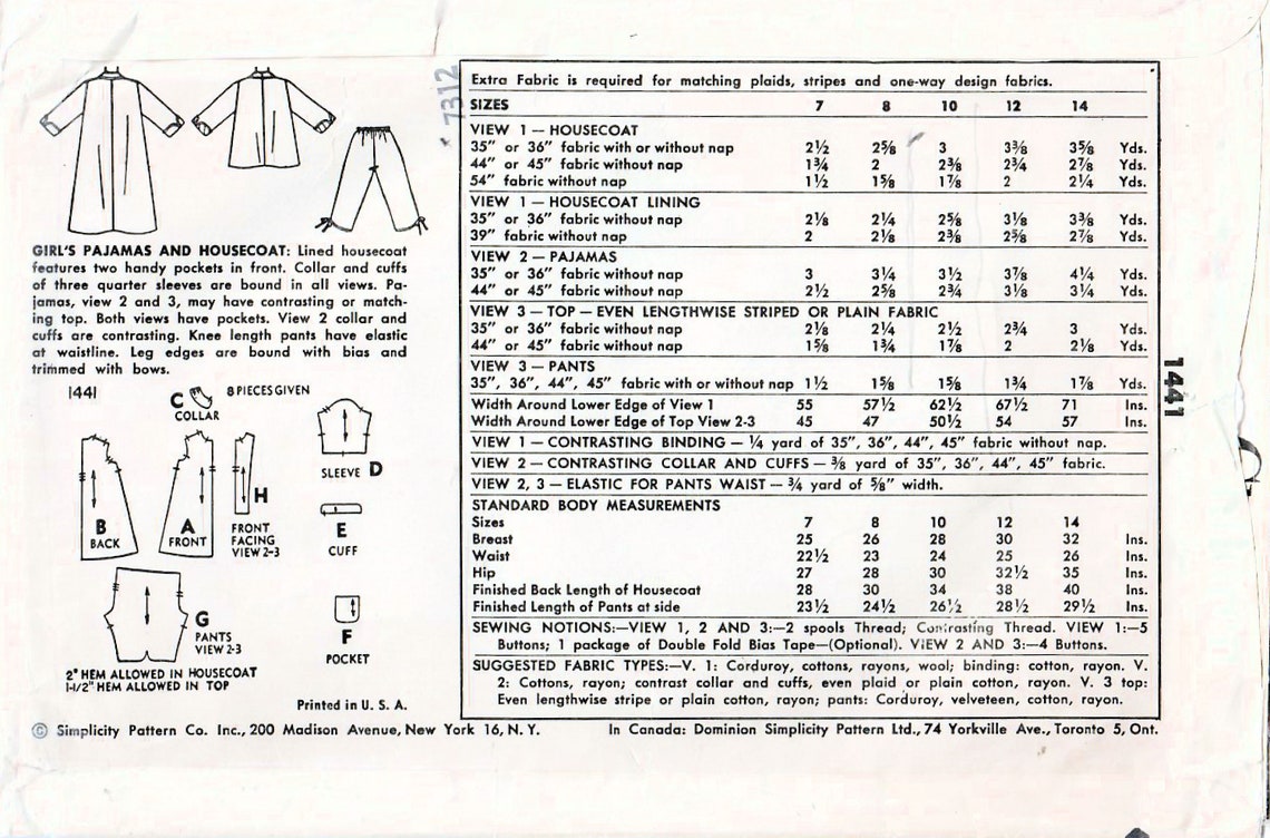 1950s Simplicity 1441 Vintage Sewing Pattern Girls Robe - Etsy
