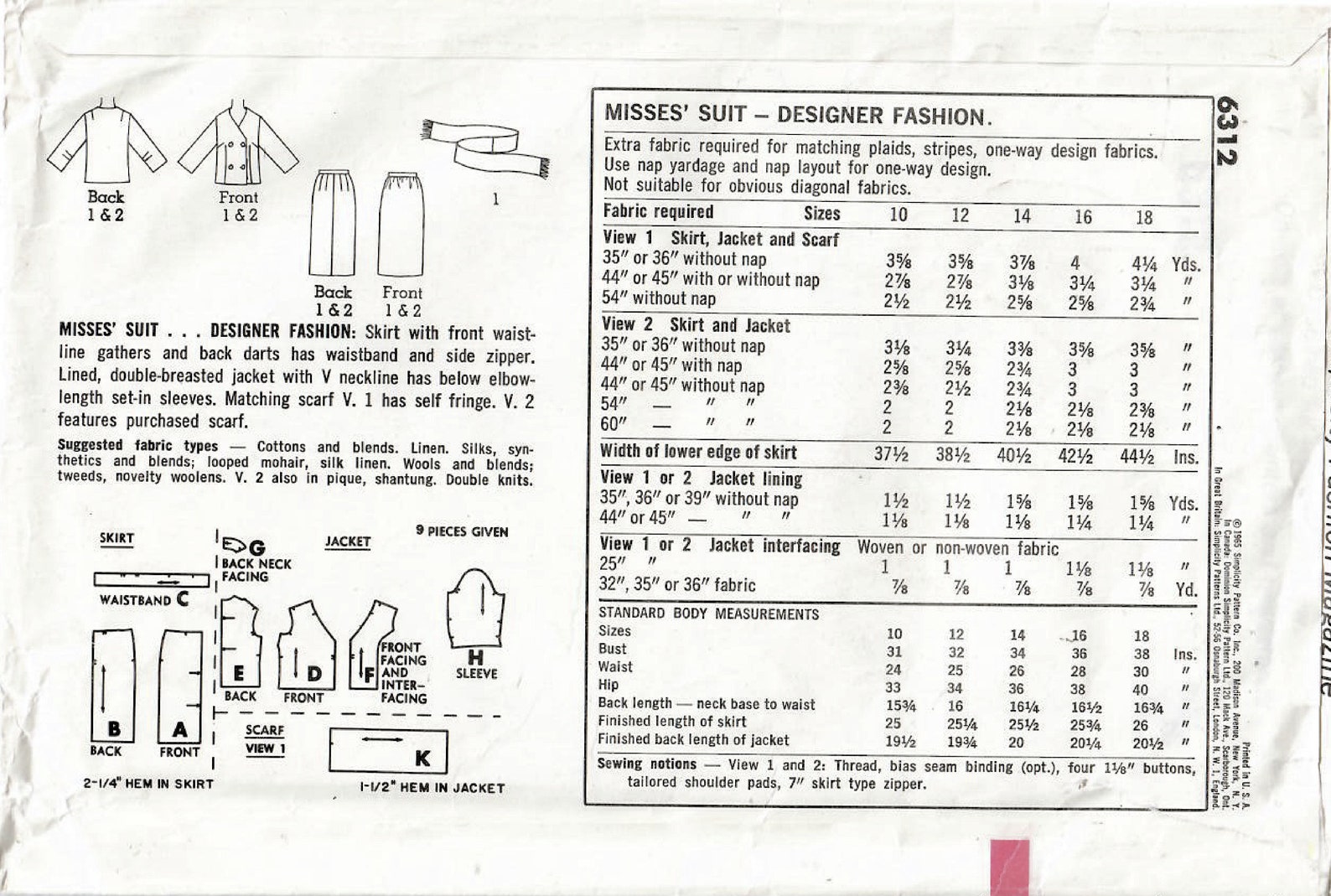 1960s Simplicity 6312 Vintage Sewing Pattern Misses' Suit - Etsy UK