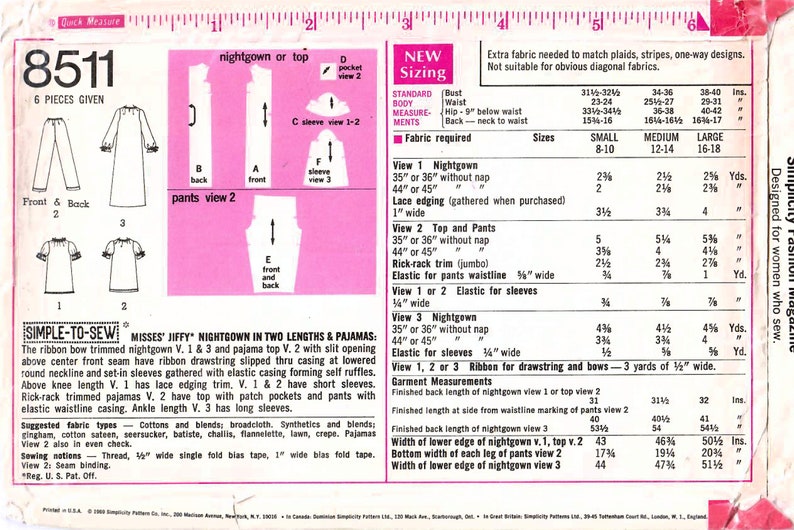 1960s Simplicity 8511 Vintage Sewing Pattern Misses Long Pajamas, Short ...