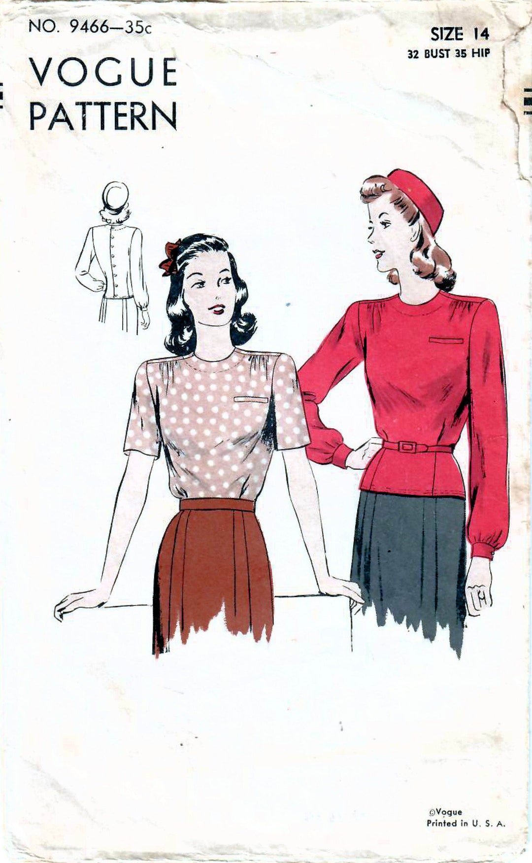 1940s Vogue 9466 Vintage Sewing Pattern Blouse, Back Button Blouse, Size 14 Bust 32 - Etsy