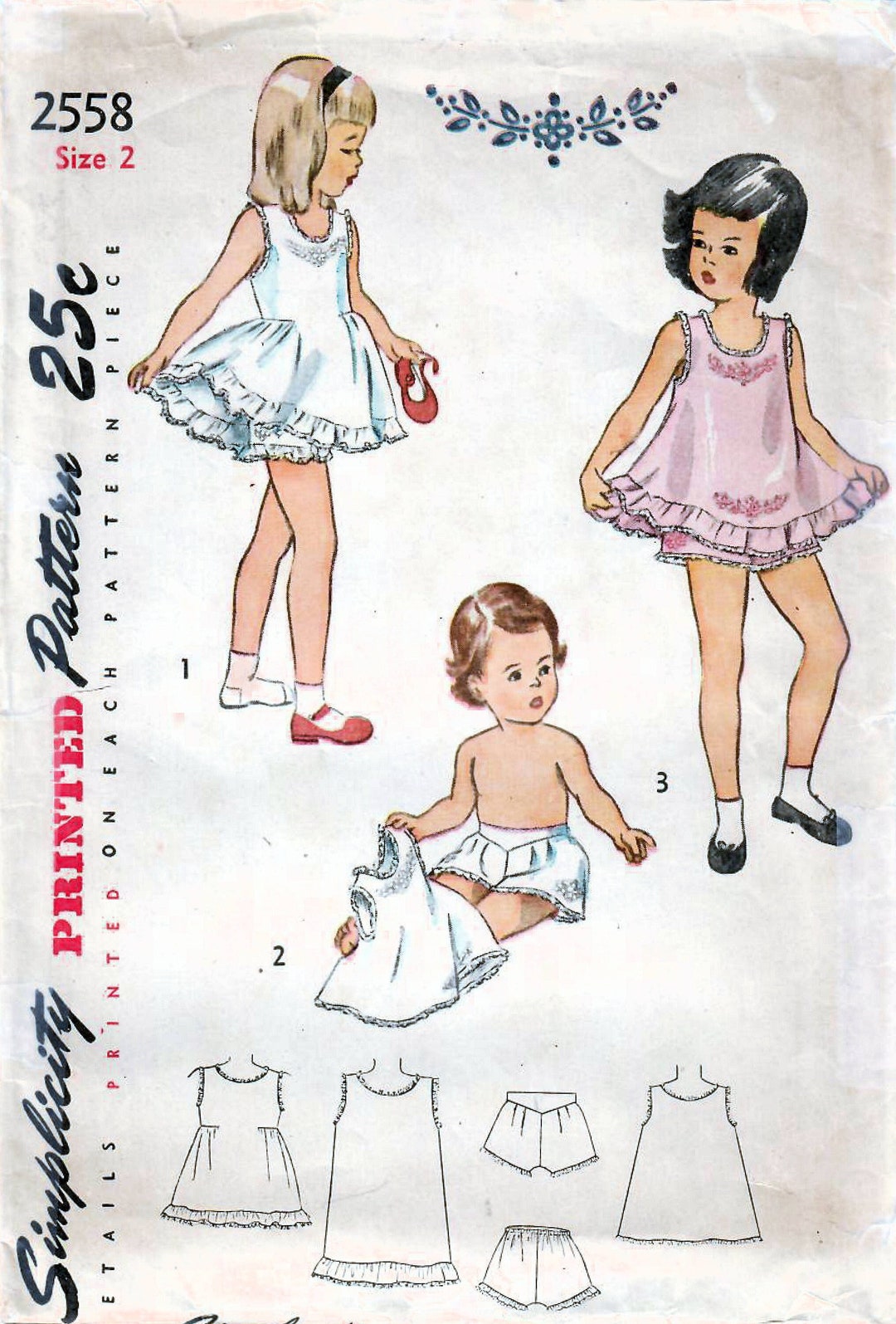 1940s Simplicity 2558 Vintage Sewing Pattern Girls Full Slip, Panties ...