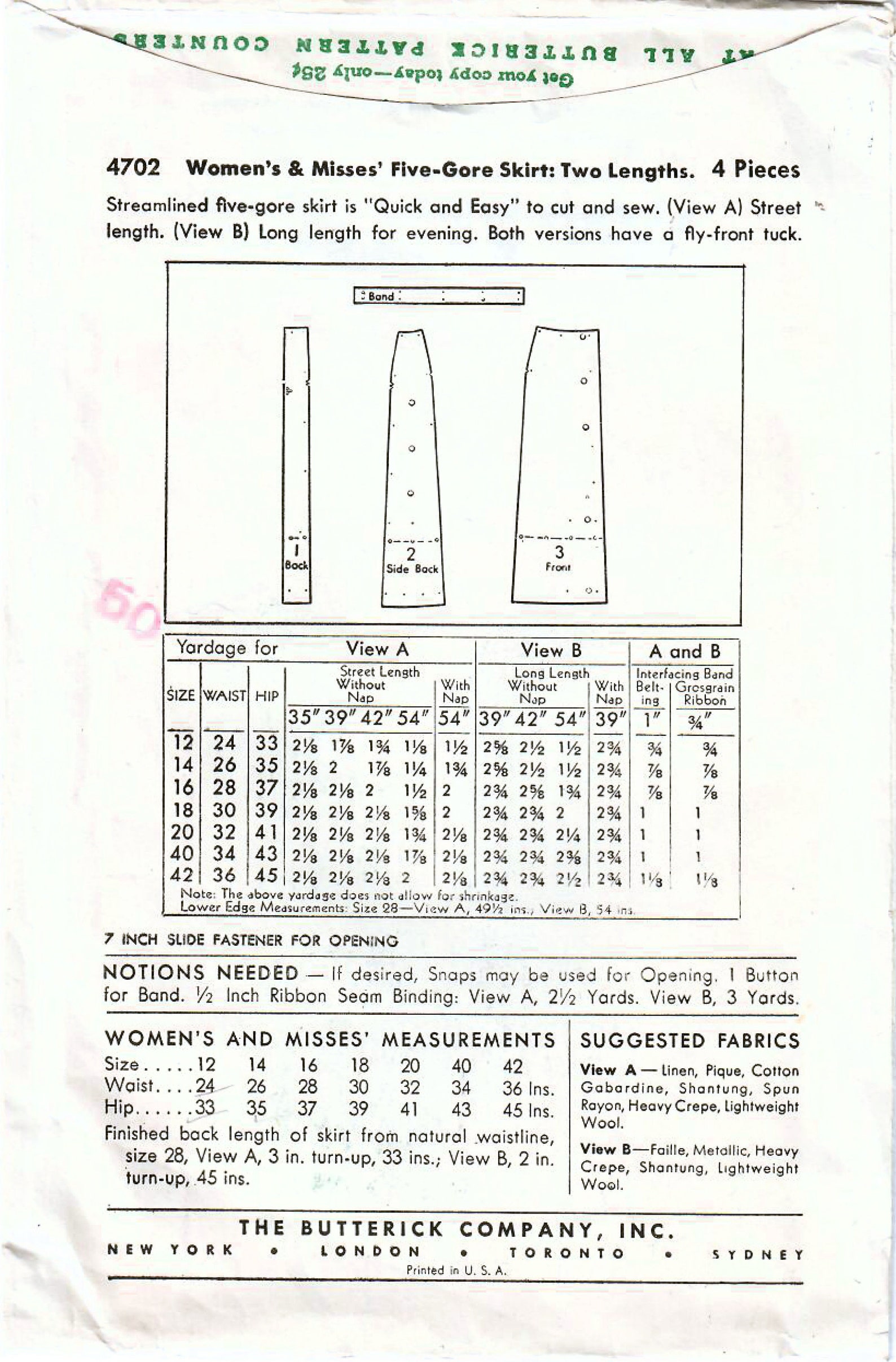 1940s Butterick 4702 Vintage Sewing Pattern Misses Slim Skirt - Etsy