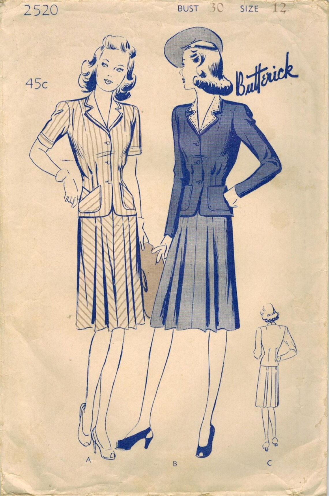 1940s Butterick 2520 Vintage Sewing Pattern Misses Two Piece | Etsy