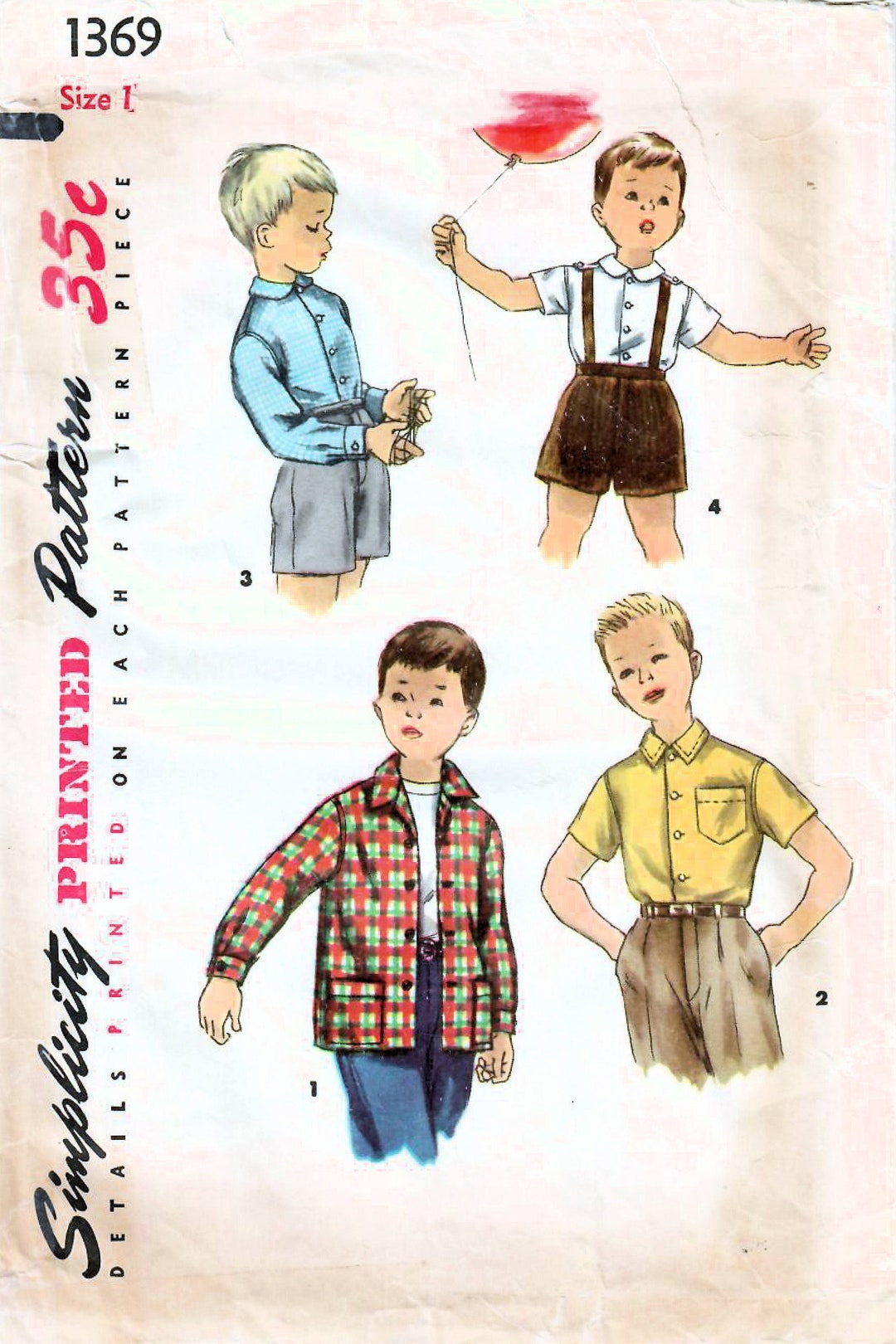 1950s Simplicity 1369 Vintage Sewing Pattern Boys Casual Shirt, Dressy ...