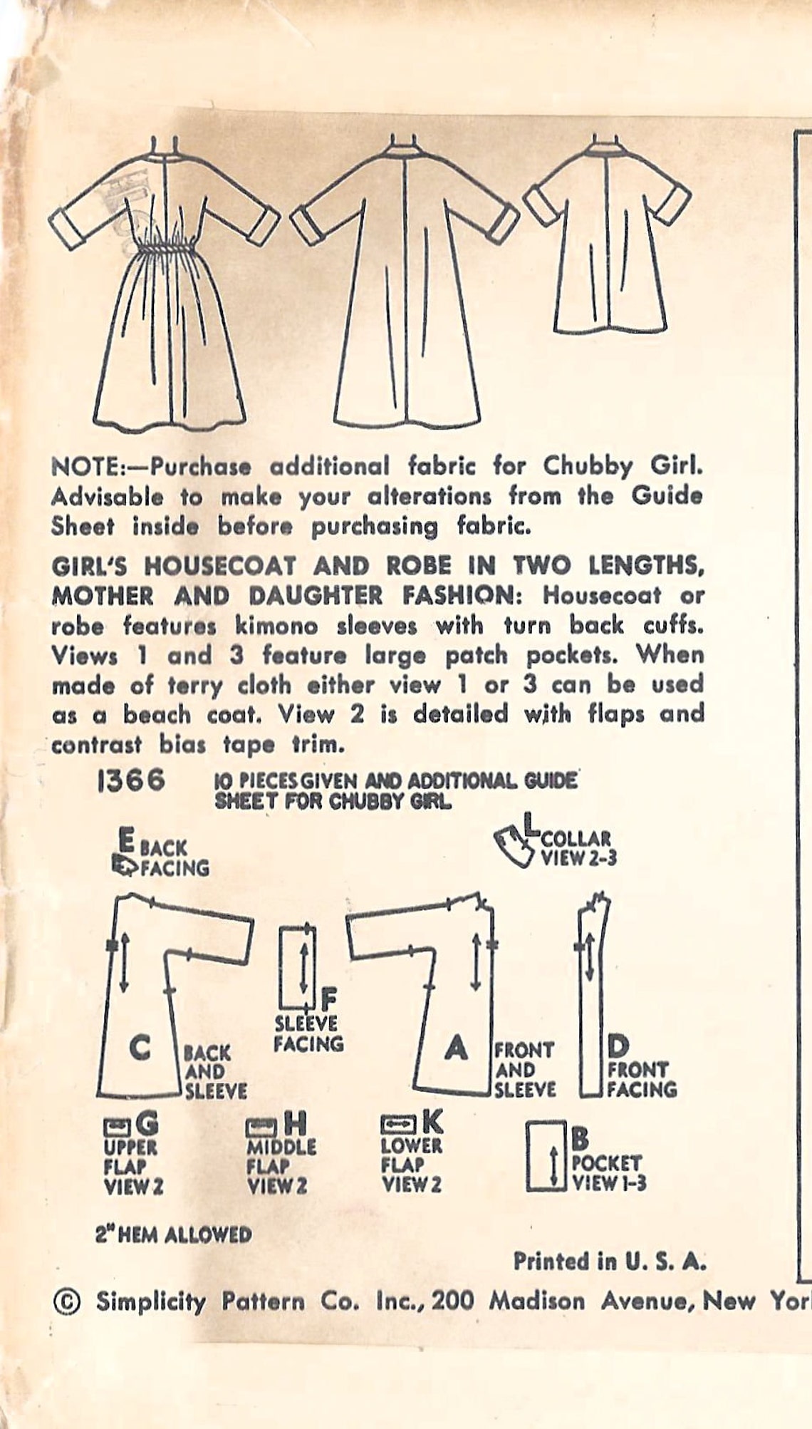 1950s Simplicity 1366 UNCUT Vintage Sewing Pattern Robe - Etsy