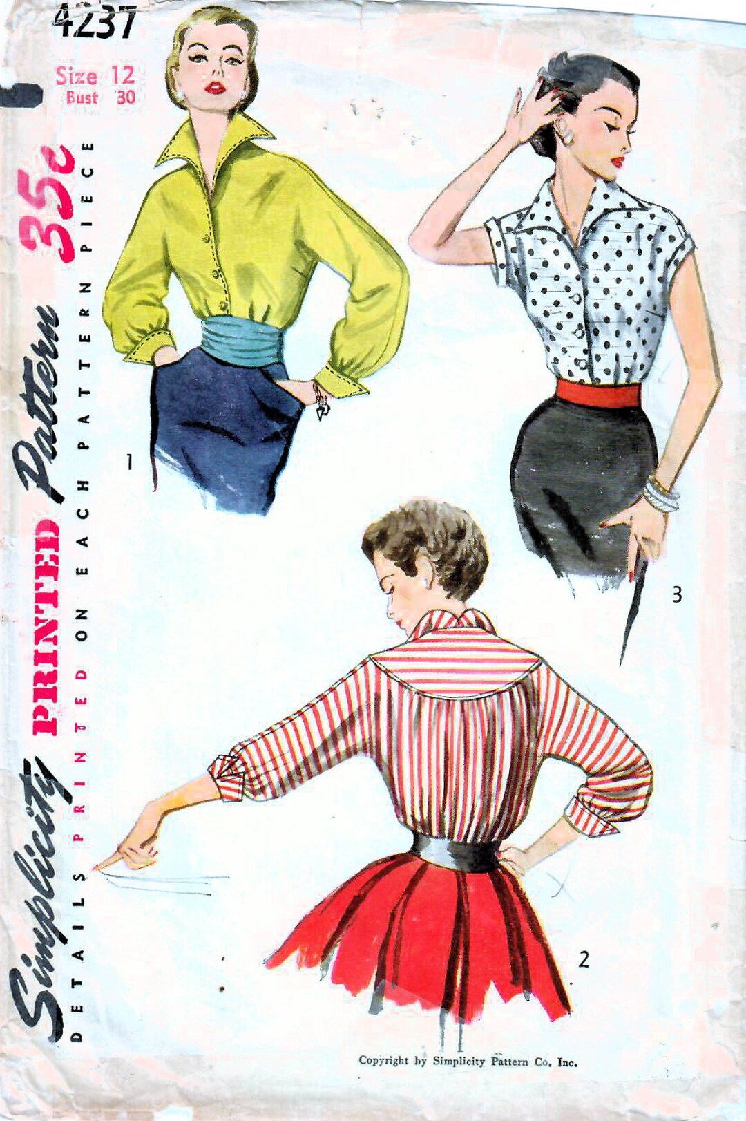 1950s Simplicity 4327 Vintage Sewing Pattern Misses Romantic Blouse ...