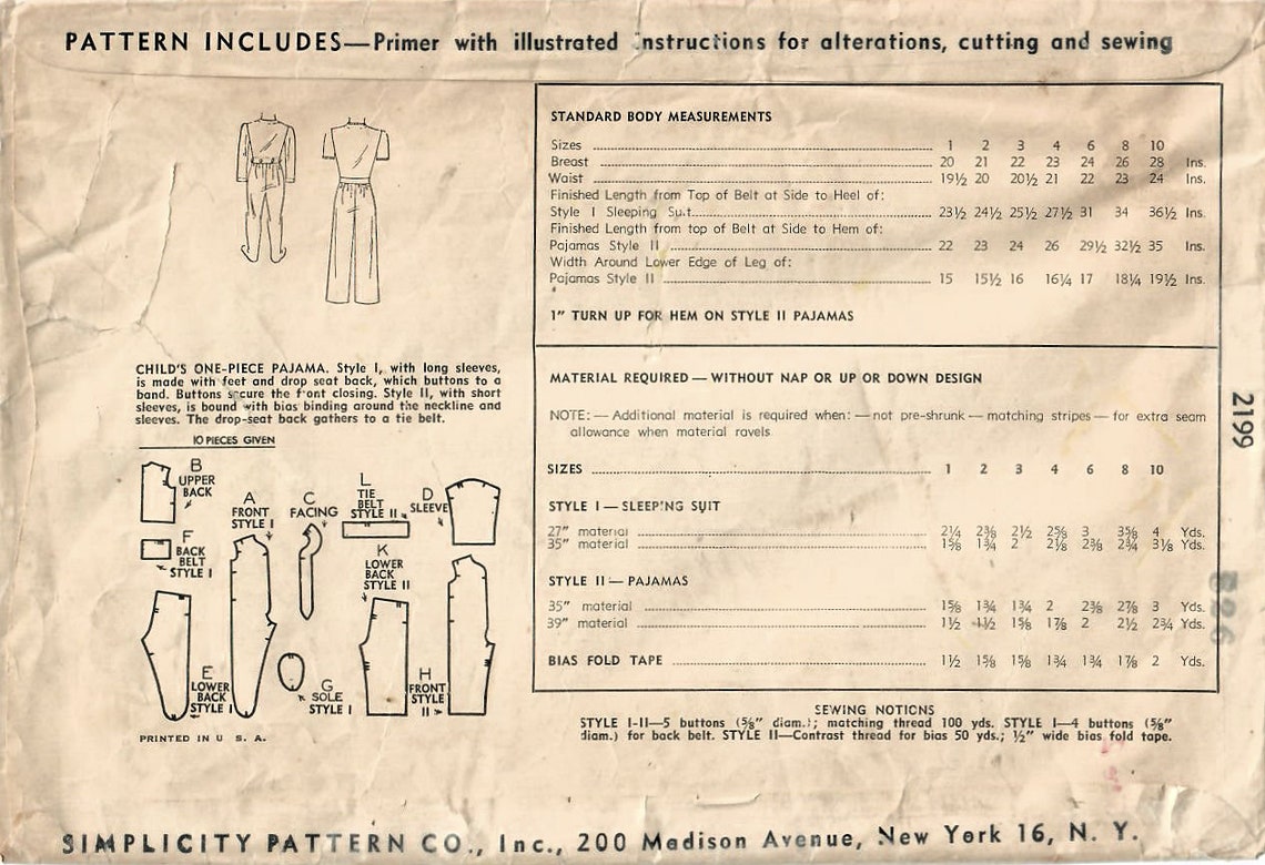 1940s Simplicity 2199 Vintage Sewing Pattern Girls Pajamas - Etsy