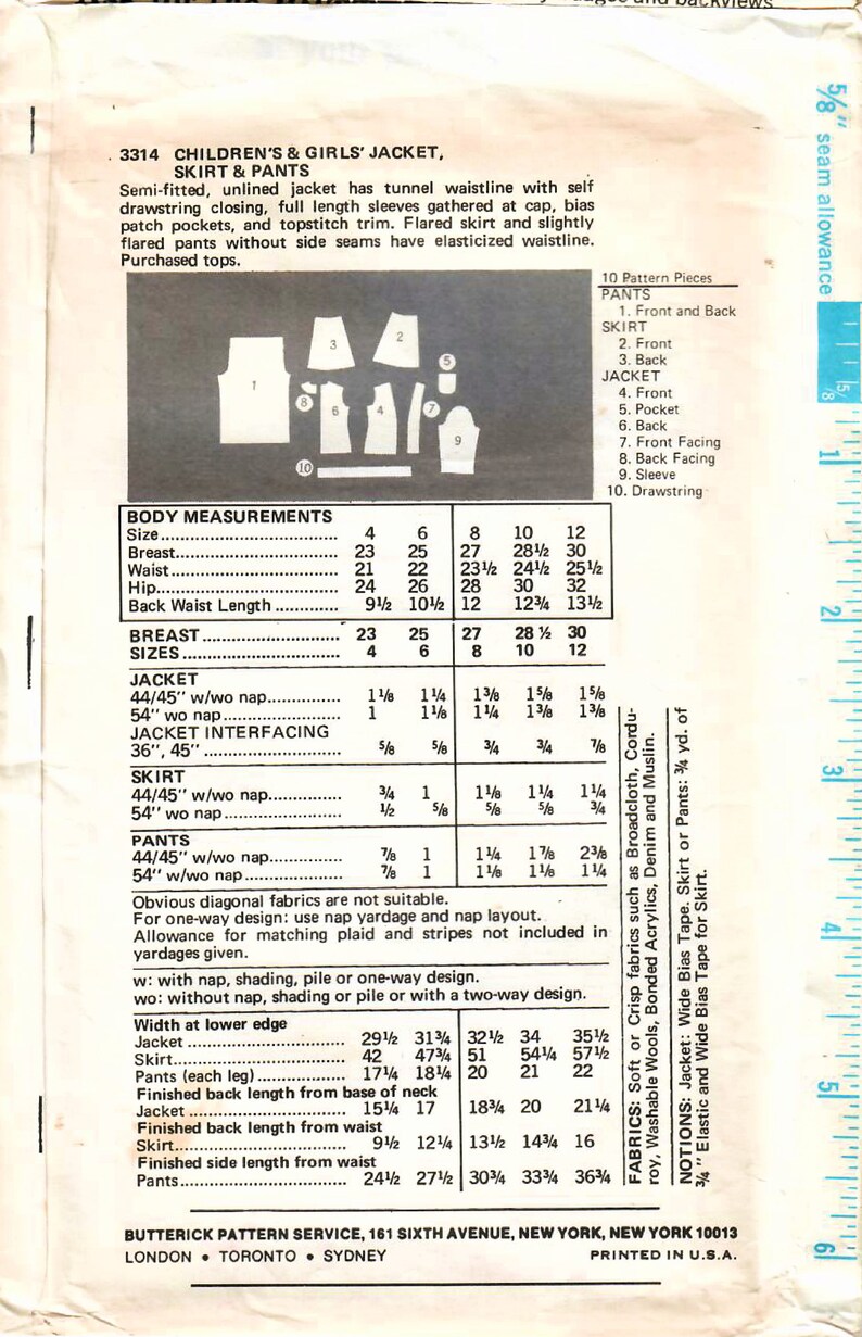 1970s Butterick 3314 UNCUT Vintage Sewing Pattern Girls Pants, Skirt ...