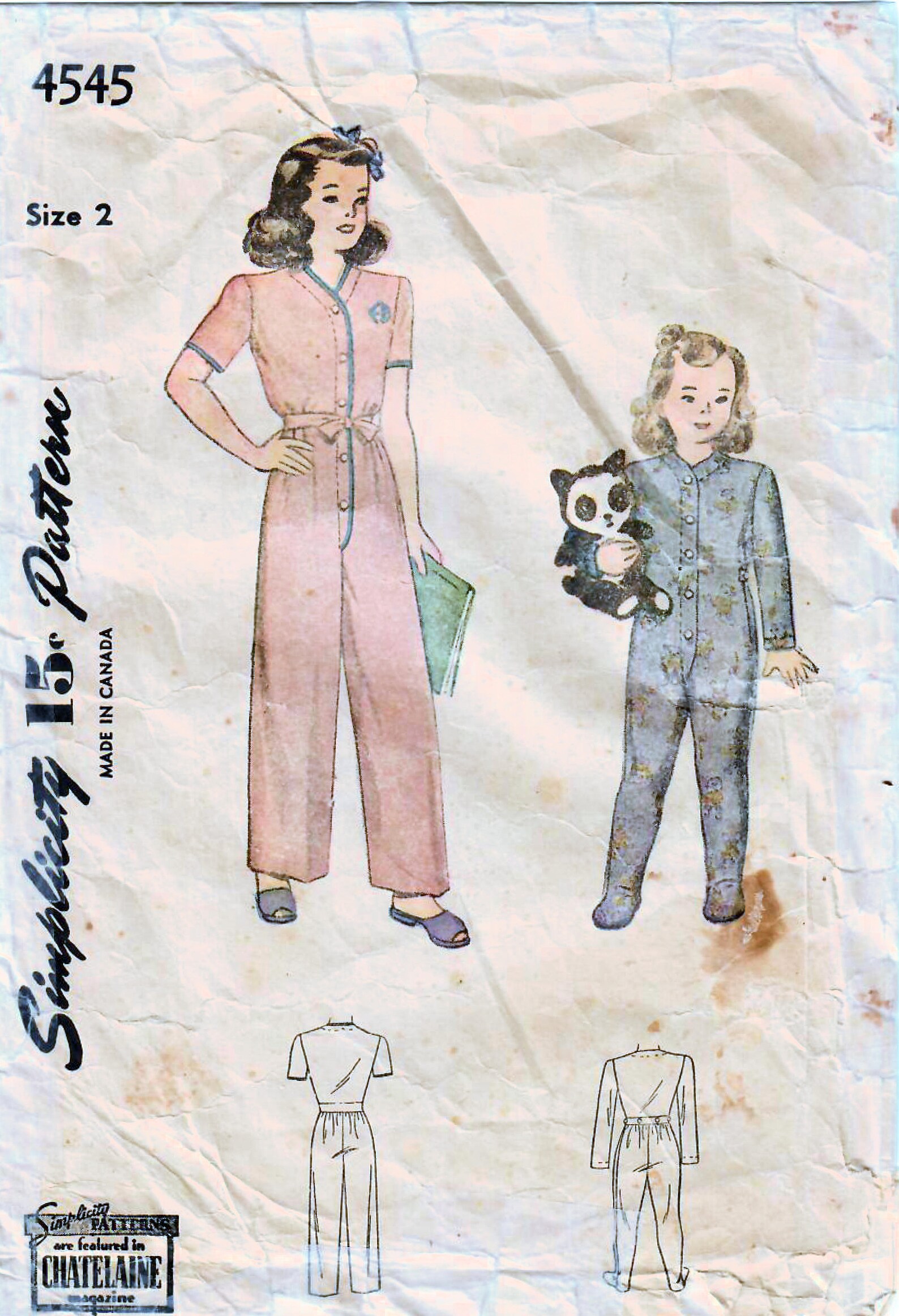 1940s Simplicity 4545 Vintage Sewing Pattern Girls Long Pajamas, Footed ...