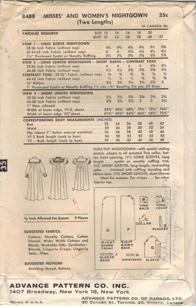 1950s Advance 8488 Vintage Sewing Pattern Misses Nightgown | Etsy