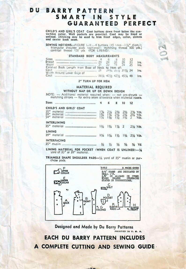 1940s Du Barry 5452 Vintage Sewing Pattern Overcoat Top Coat - Etsy