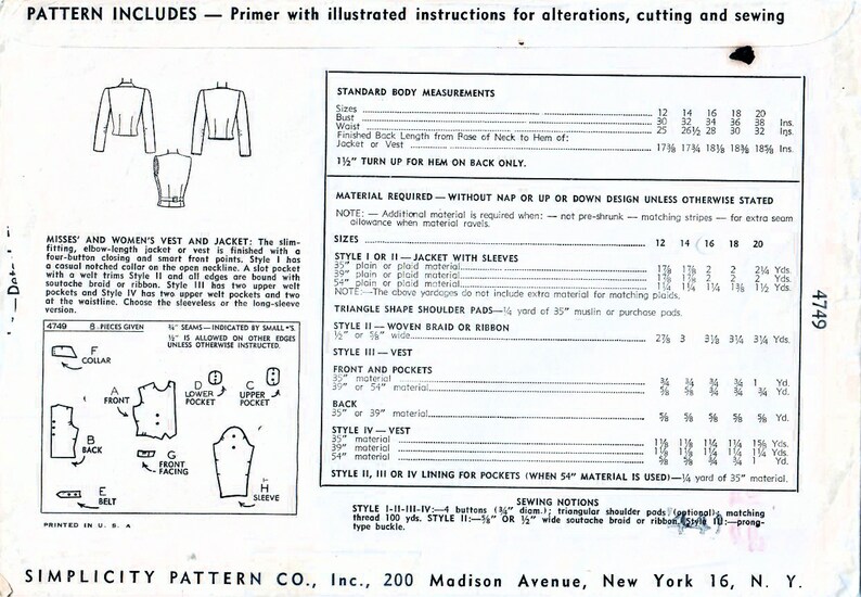 1940s Simplicity 4749 Vintage Sewing Pattern Misses Fitted Vest, Fitted ...