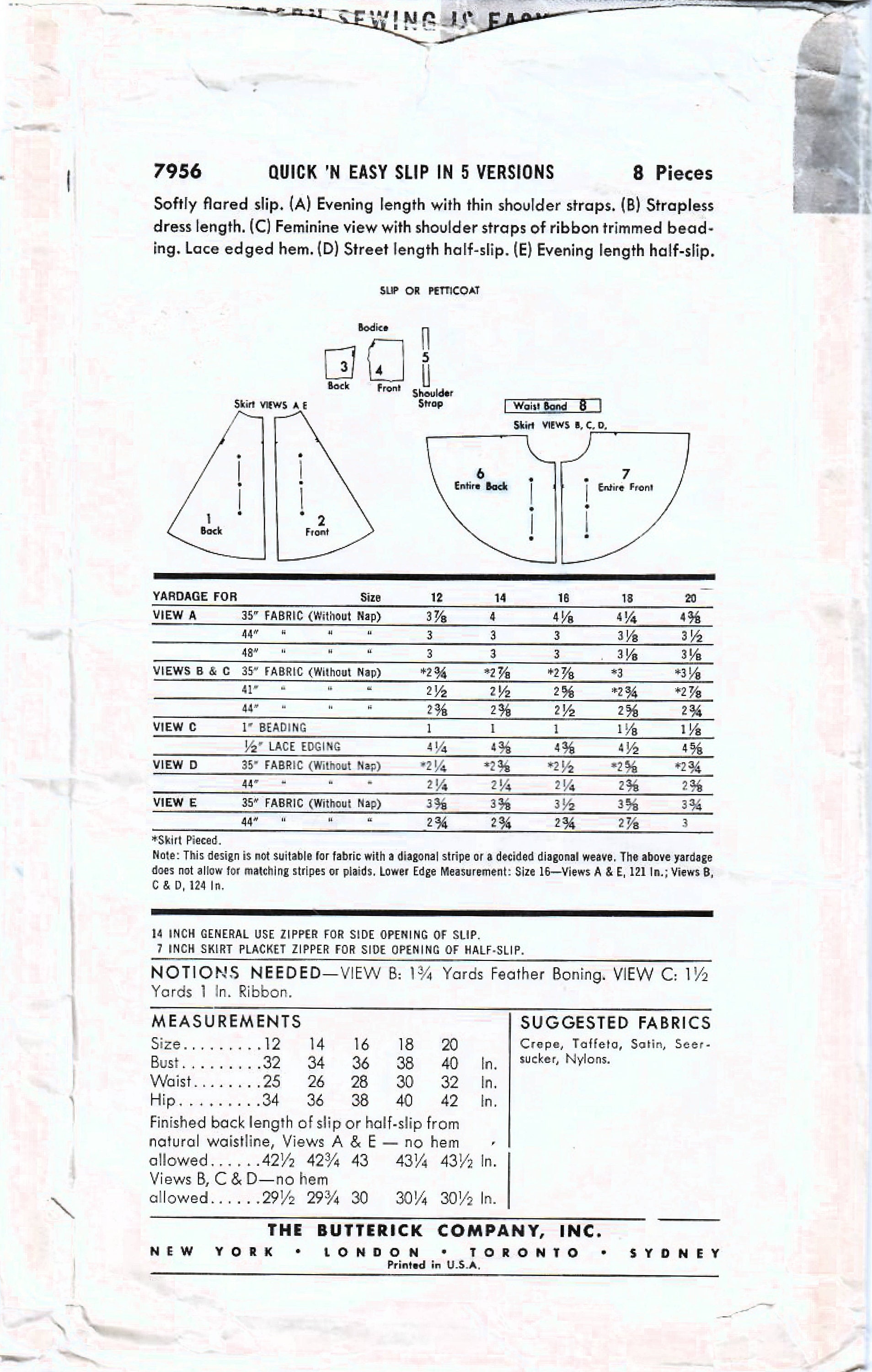 1950s Butterick 7956 Vintage Sewing Pattern Misses Full Slip - Etsy