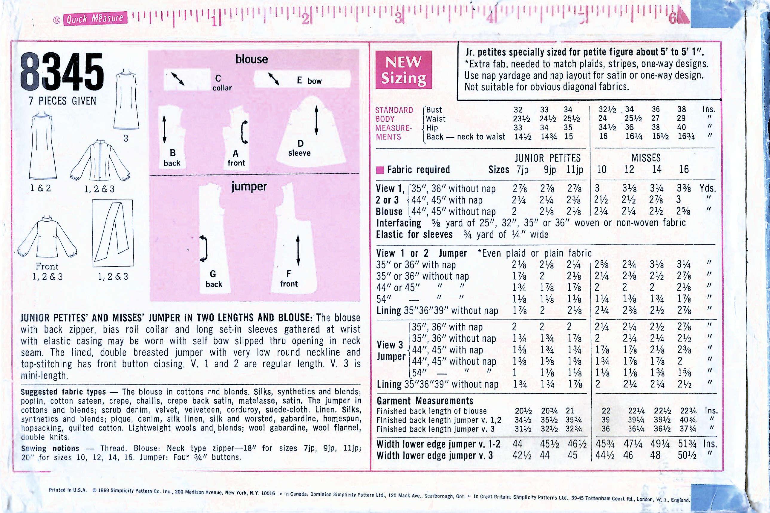1960s A-line Jumper, Blouse Sewing Pattern: Simplicity 8345 Misses Size ...