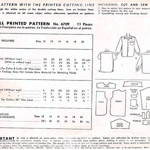 1940s Mccall 6709 Vintage Sewing Pattern Misses Shirt, Shirtwaist ...
