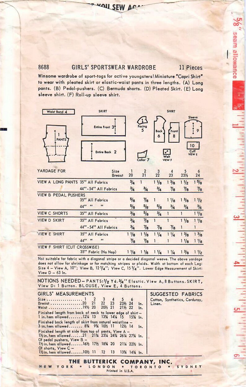 1950s Butterick 8688 Vintage Sewing Pattern Girls Pedal | Etsy