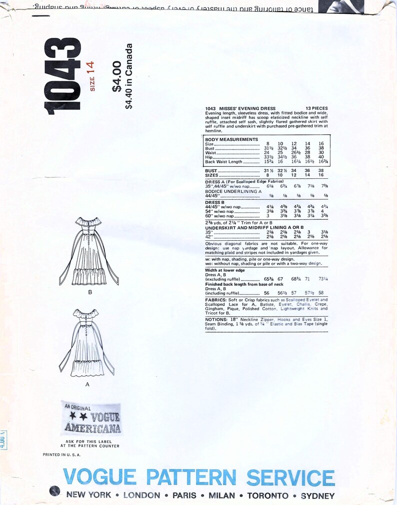 1970s Evening Dress, Formal Gown Sewing Pattern: Vogue 1043 YSL Misses ...