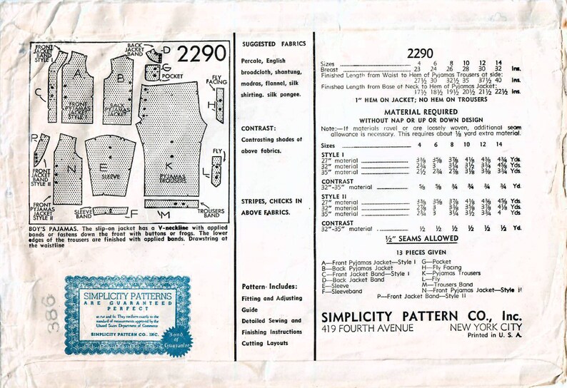 1930s Simplicity 2290 Vintage Sewing Pattern Boys Two Piece Pajamas ...