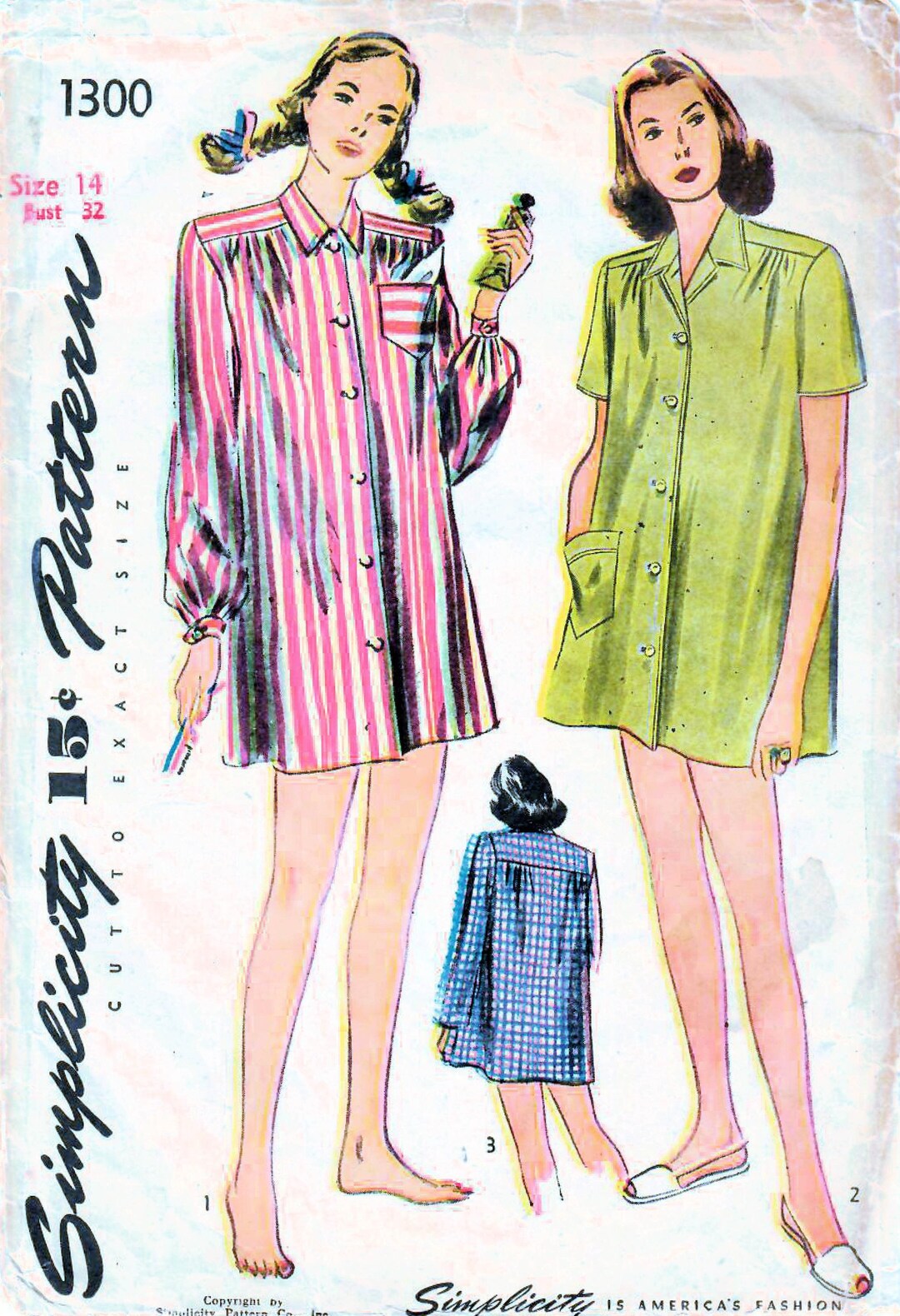 1940s Simplicity 1300 Vintage Sewing Pattern Misses Short Sleeper ...