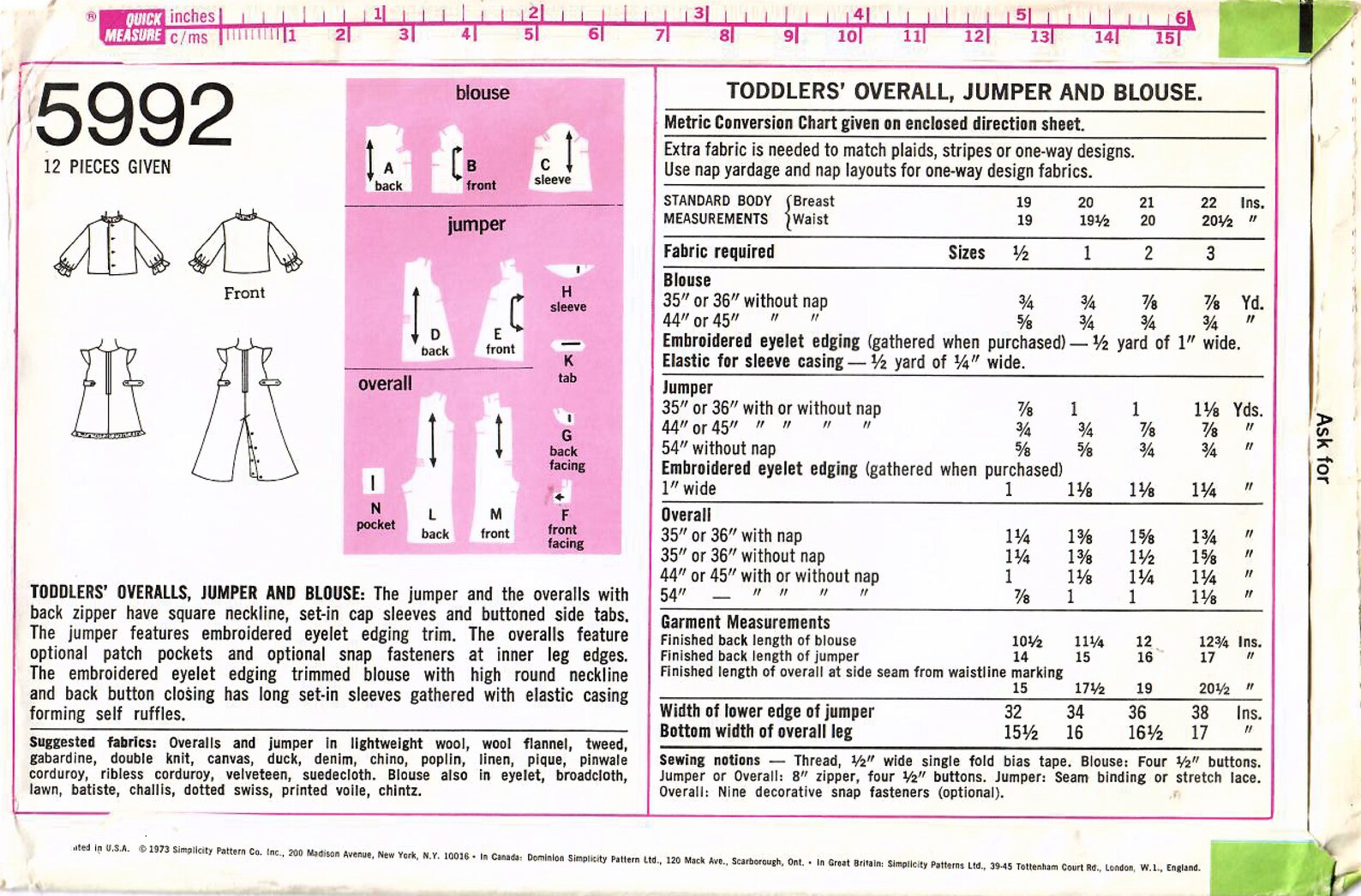 1970s Simplicity 5992 UNCUT Vintage Sewing Pattern Toddler Overalls ...