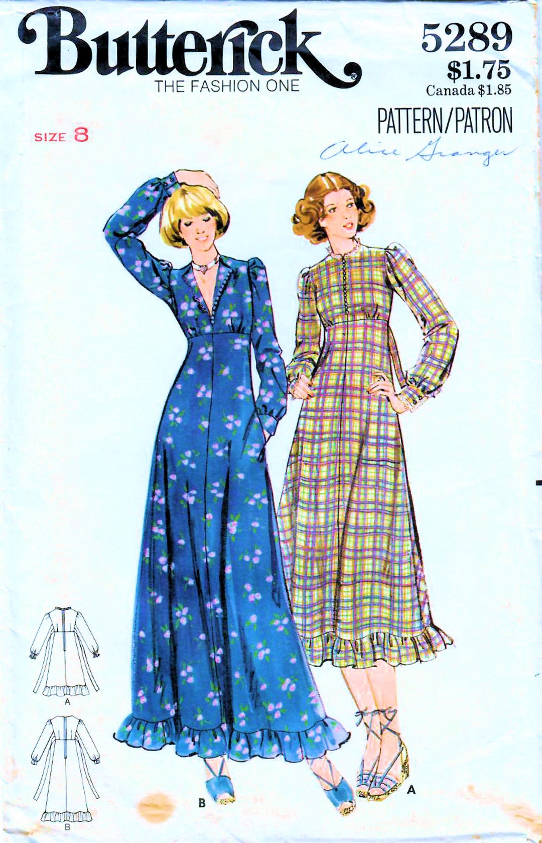 1970s Butterick 5289 Vintage Sewing Pattern Misses Empire Waist Dress ...
