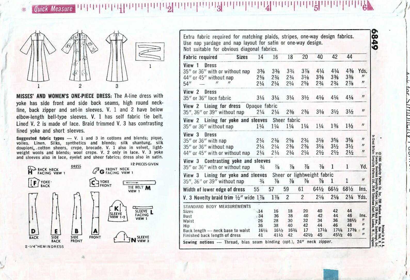 1960s Simplicity 6849 Vintage Sewing Pattern Misses One-piece Dress, A ...