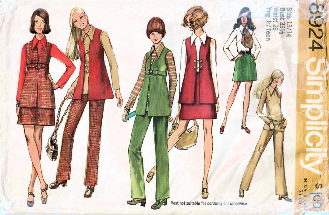 1970s Simplicity 8924 Vintage Sewing Pattern Blouse, Mini Skirt, Pants ...