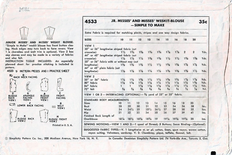 1950s Simplicity 4533 Vintage Sewing Pattern Weskit Blouse, Sleeveless ...