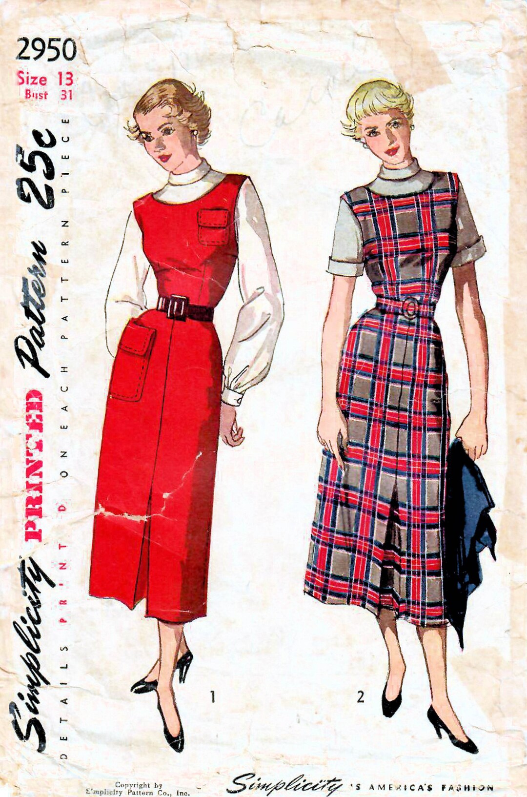 1940s Simplicity 2950 Vintage Sewing Pattern Midi Jumper, Blouse Junior ...