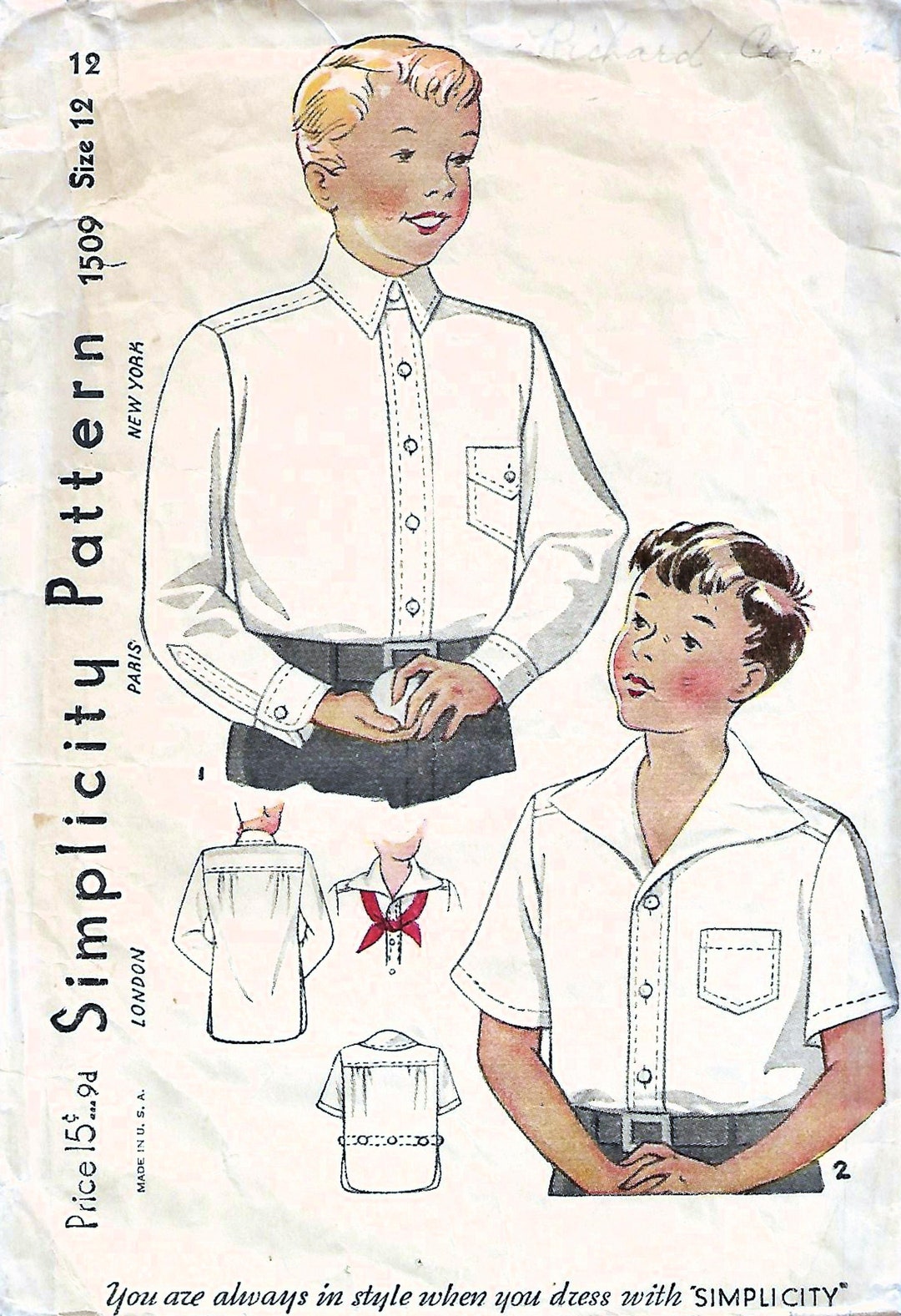 1930s Simplicity 1509 Vintage Sewing Pattern Boy's Tailored Shirt ...
