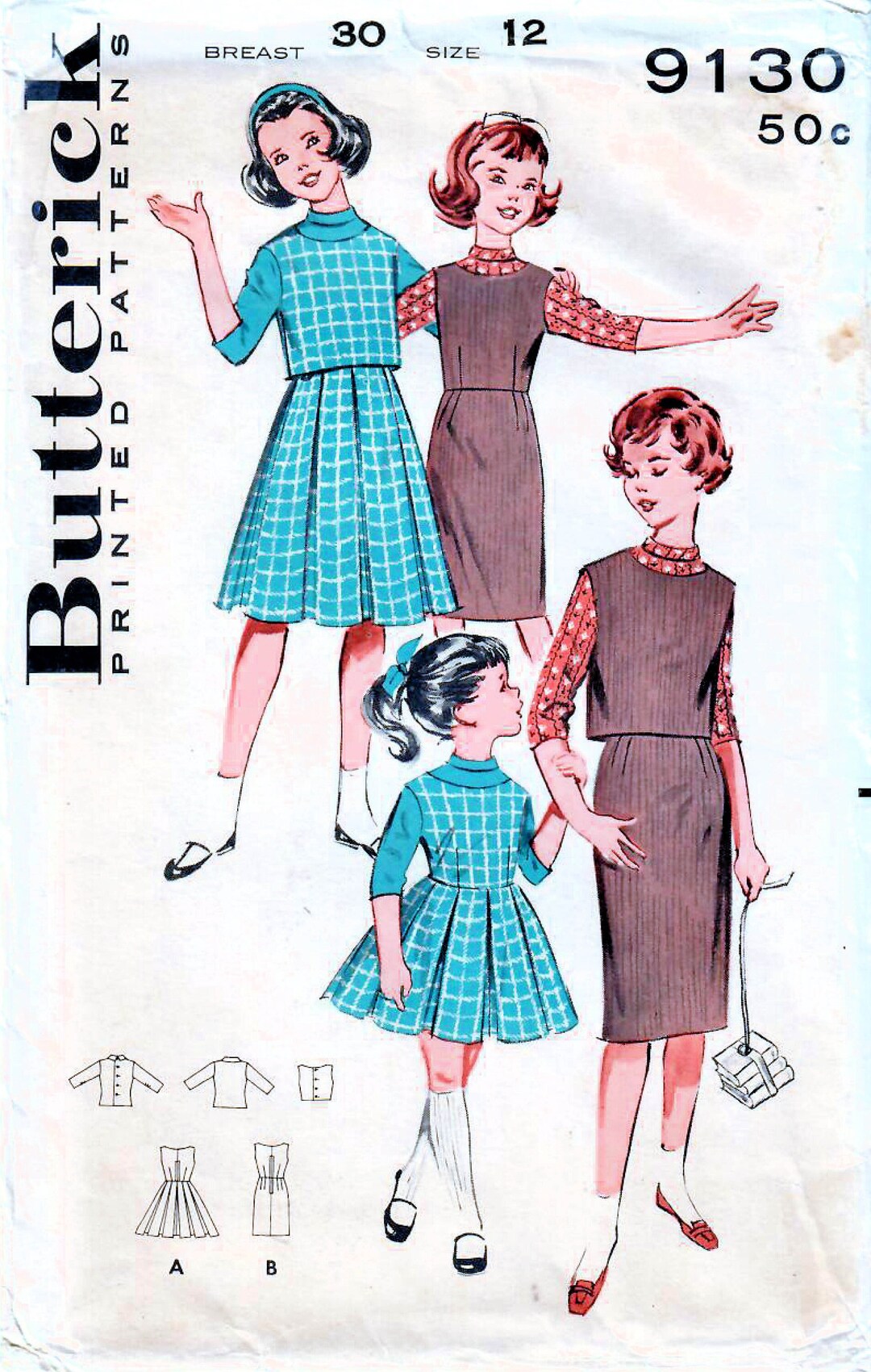 1950s Butterick 9130 UNCUT Vintage Sewing Pattern Girls Jumper, Blouse ...