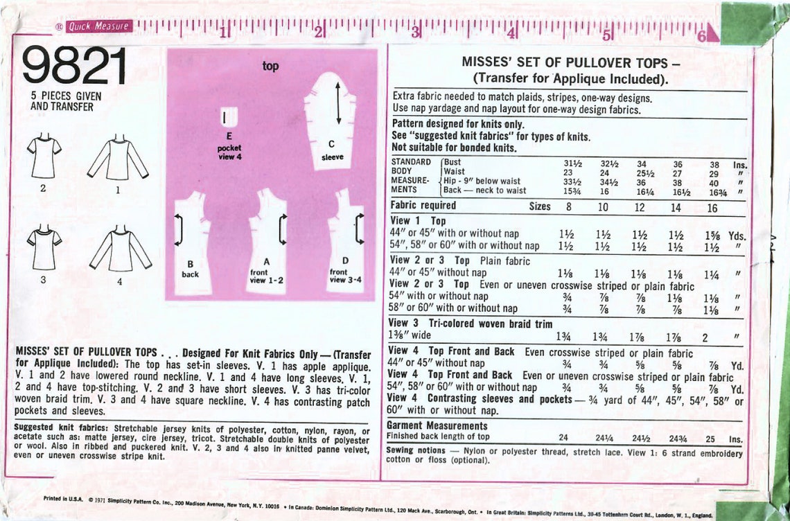 1970s Simplicity 9821 Vintage Sewing Pattern Misses T-shirt, Pullover ...