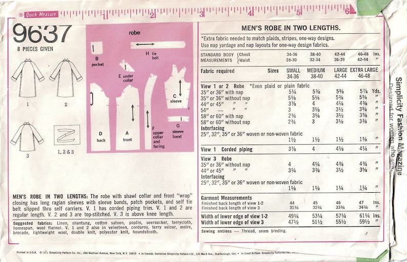1970s Simplicity 9637 Vintage Sewing Pattern Men's Robe, Short Robe ...
